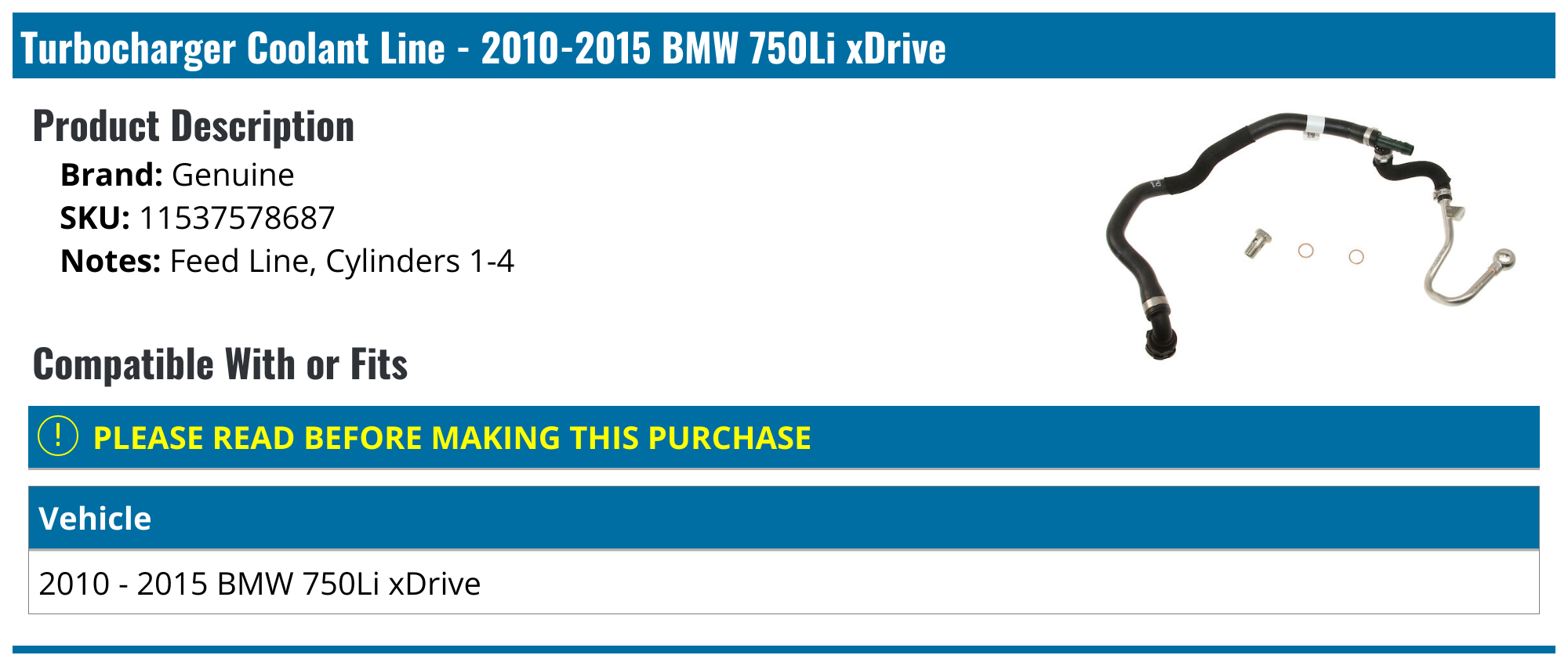 2010-2015 BMW 750Li xDrive Turbocharger Coolant Line - Genuine ...