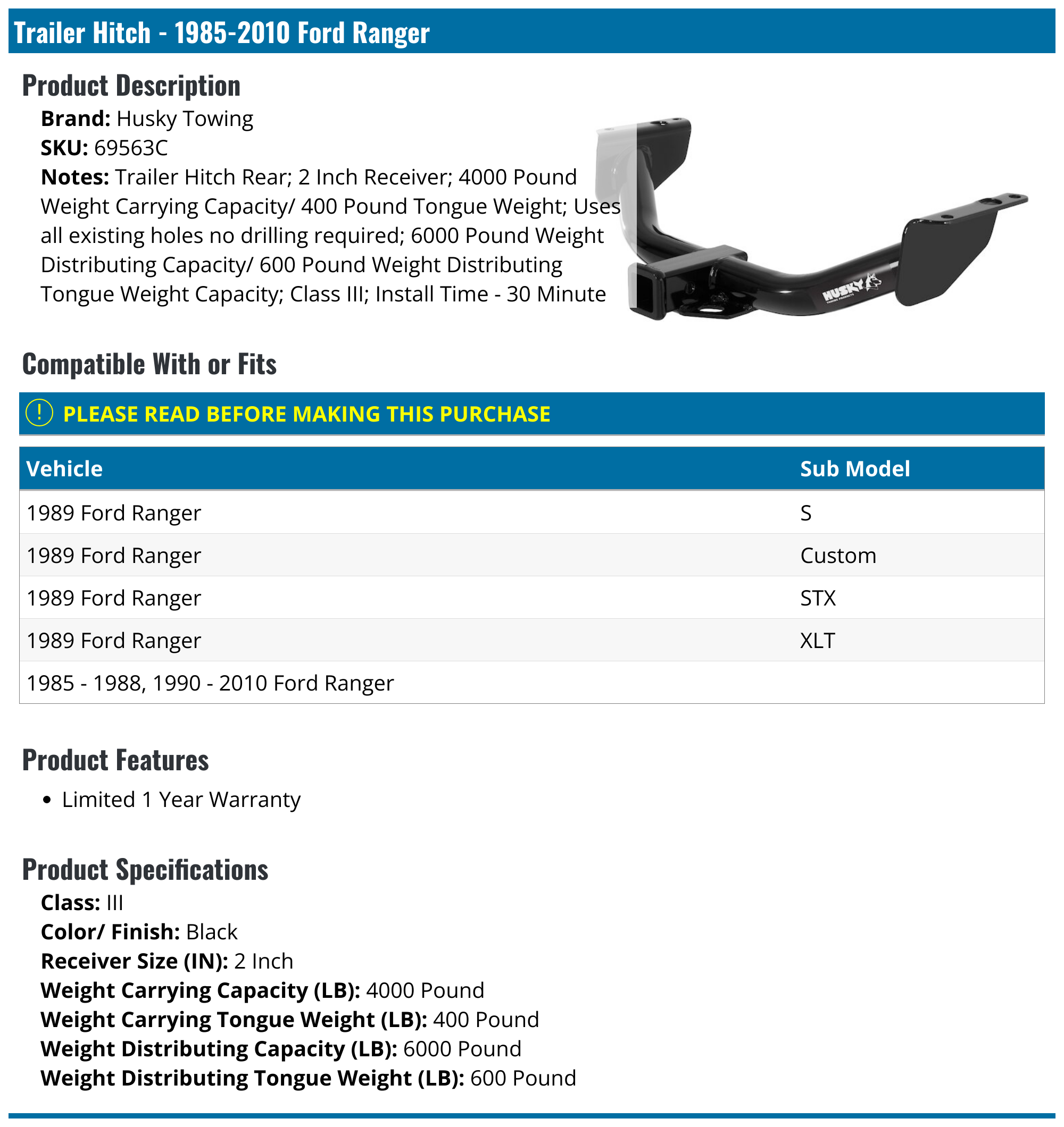 1985-1994, 2001, 2005, 2007-2008, 2011 Ford Ranger Trailer Hitch ...