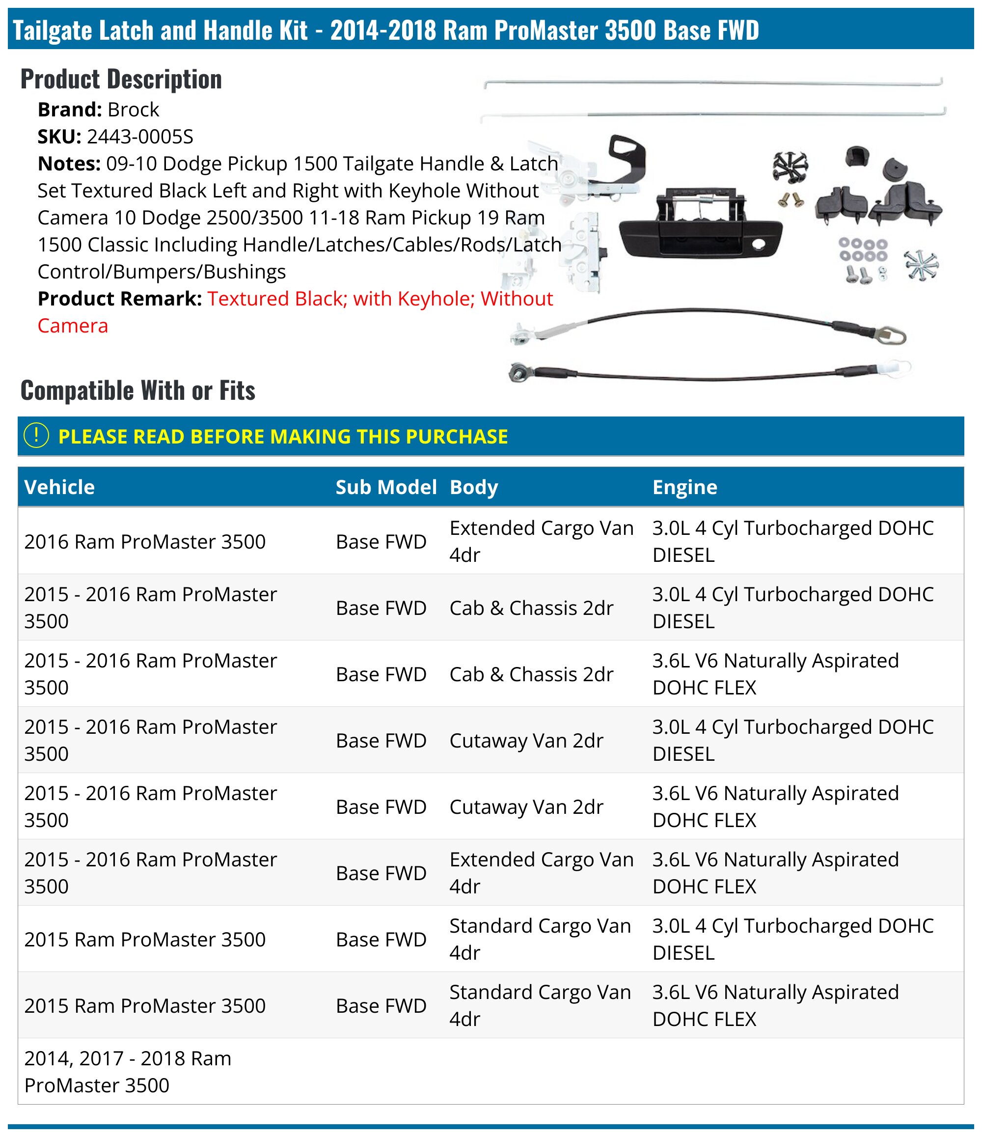 2014-2018 Ram ProMaster 3500 Tailgate Handle - Brock 2443-0005S ...