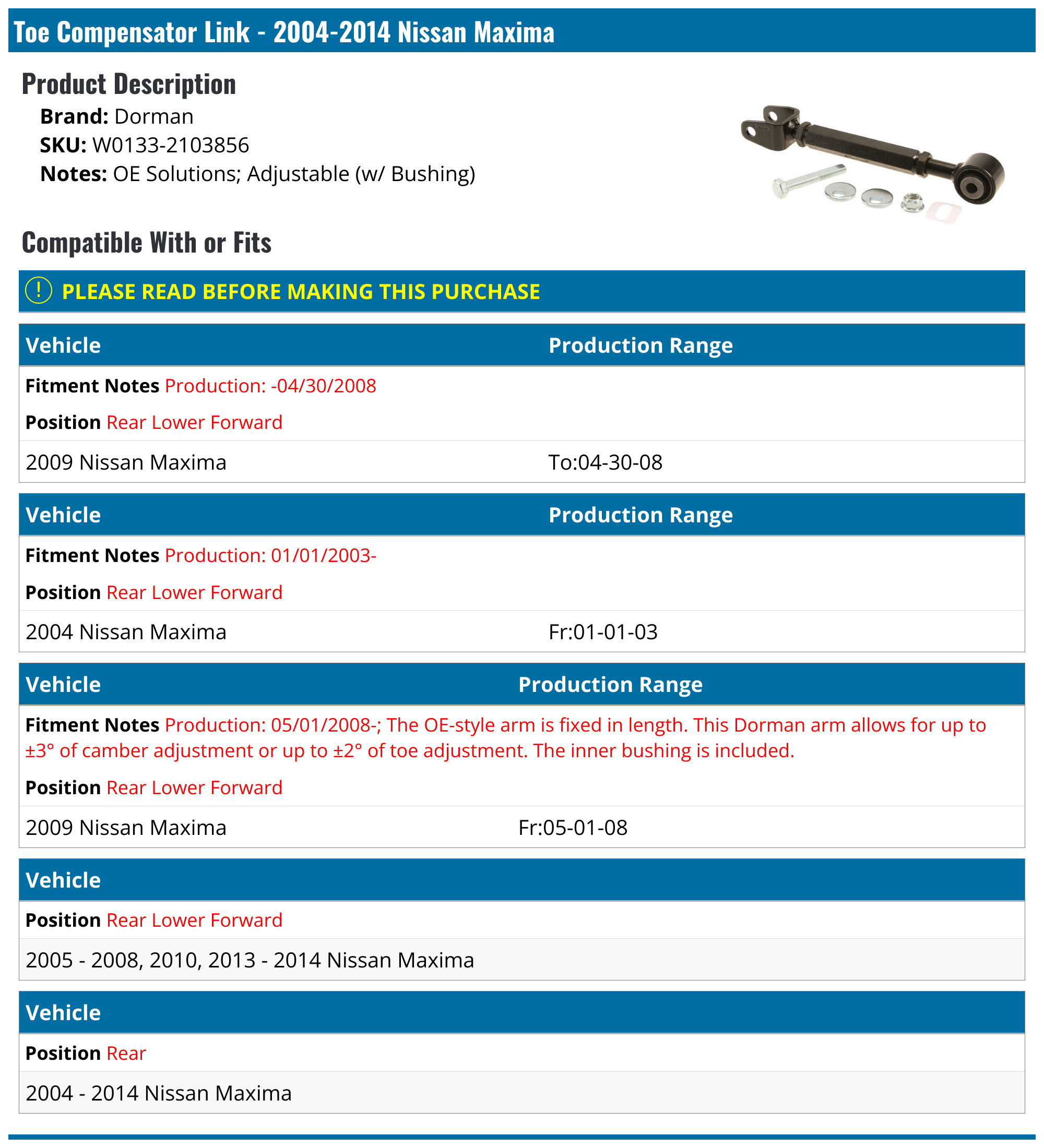 2004-2014 Nissan Maxima Toe Compensator Link - Dorman W0133-2103856 ...