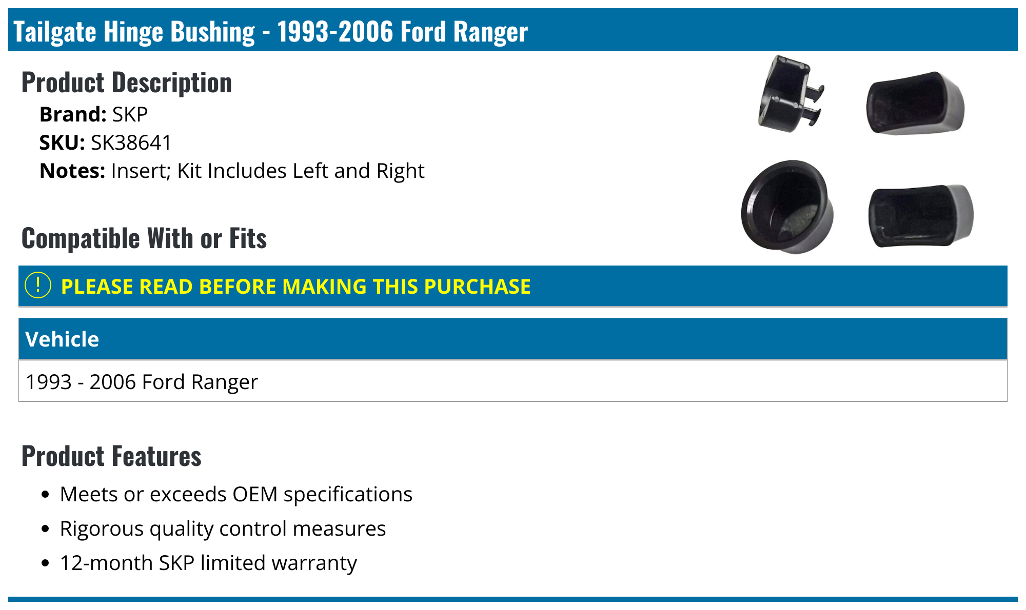 2007-2011 Ford Ranger Door Hinge Pin Bushing - SKP SK38641 - PartsGeek.com