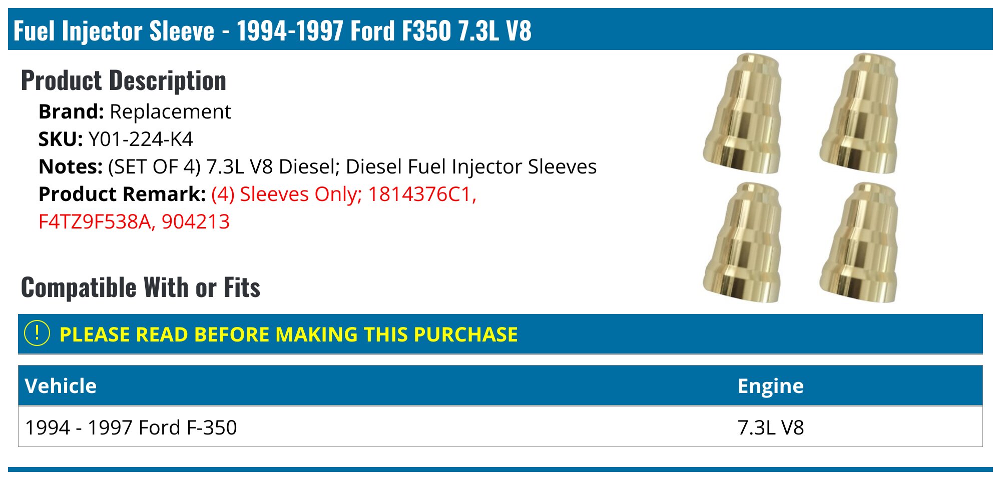 1994-1997 Ford F350 Fuel Injector Sleeve - Replacement Y01-224-K4 ...