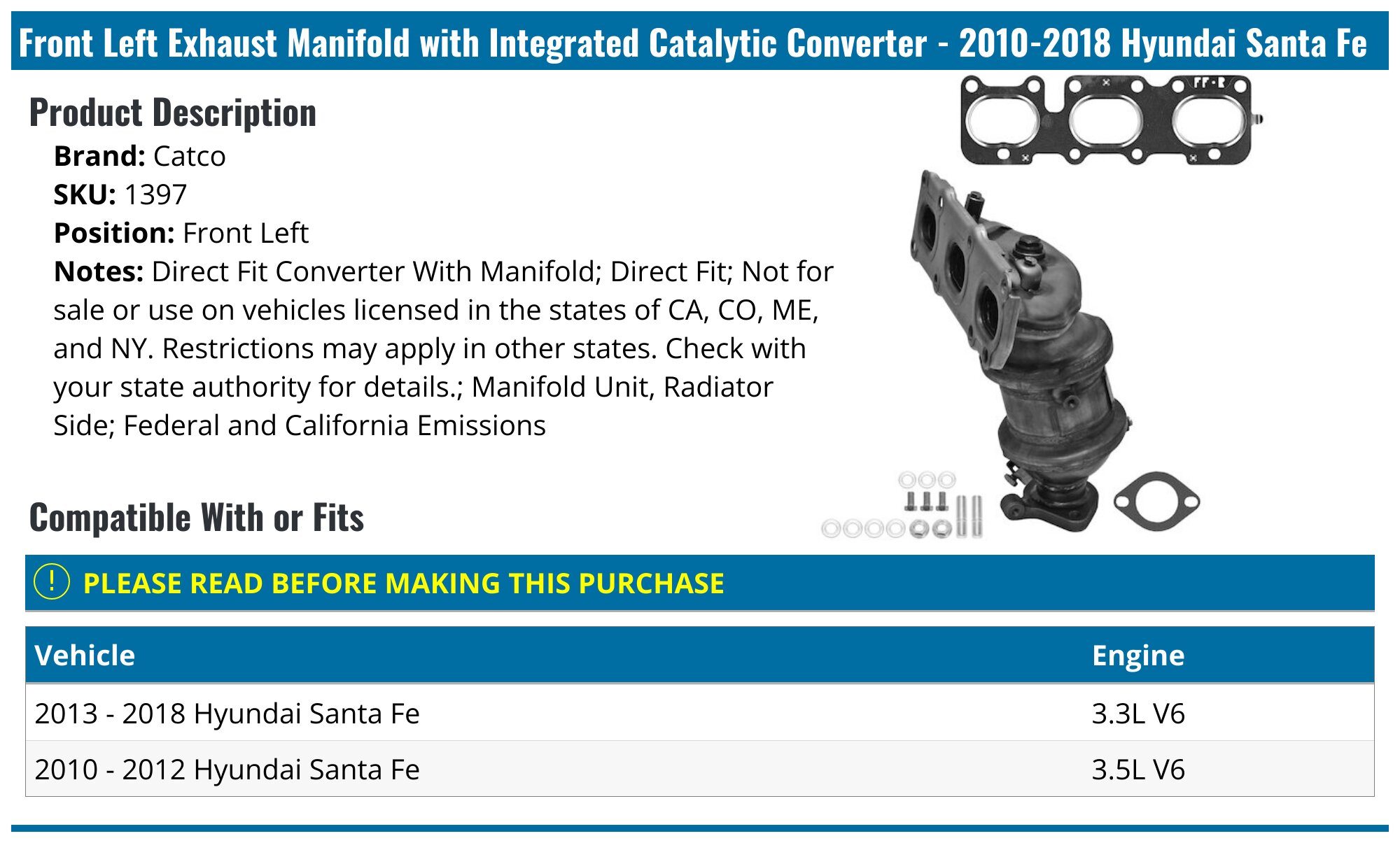 2010-2018 Hyundai Santa Fe Catalytic Converter - Catco 1397 - Front ...