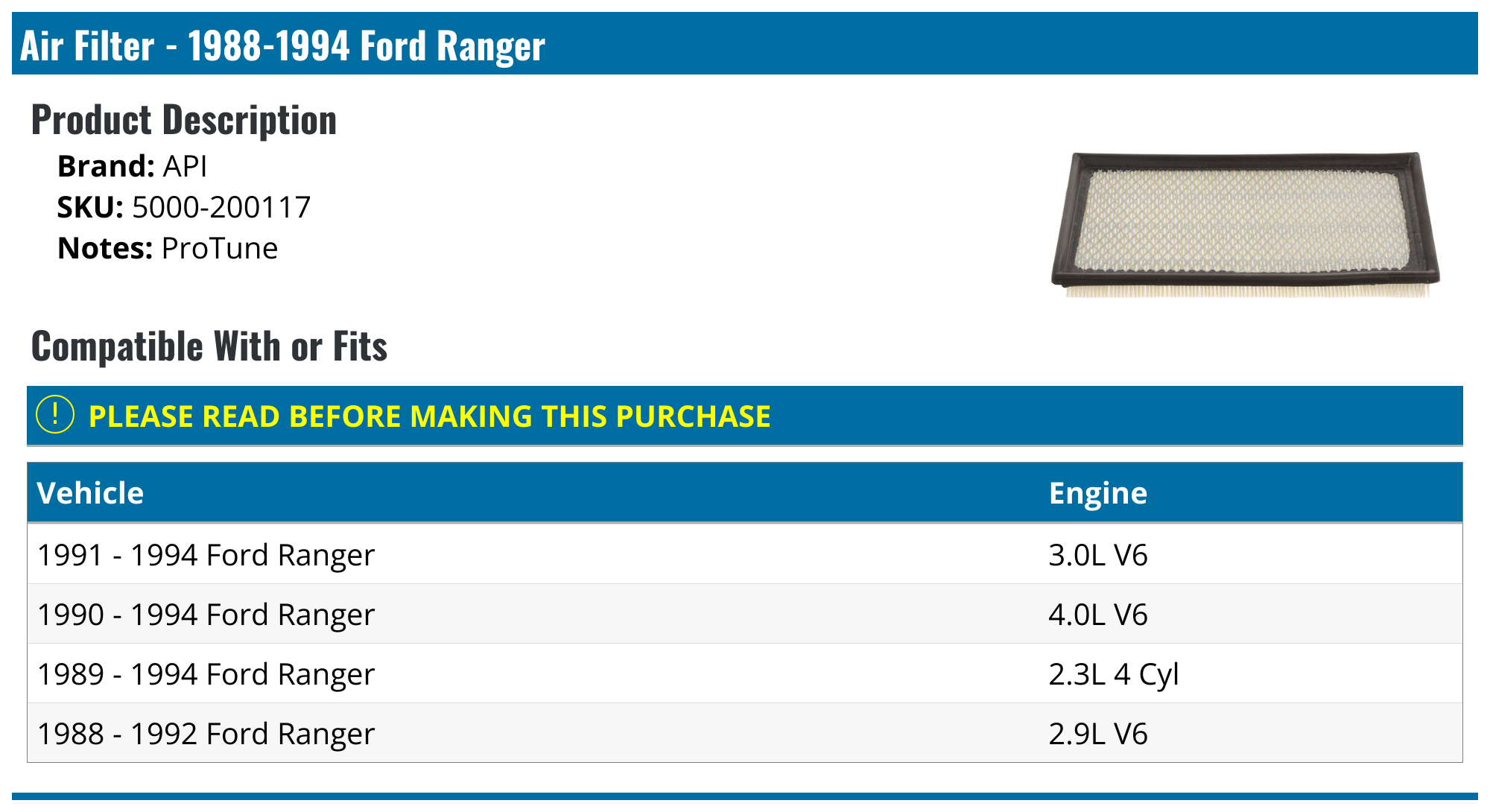 1988-1994 Ford Ranger Air Filter - API 5515-07987136 - PartsGeek.com