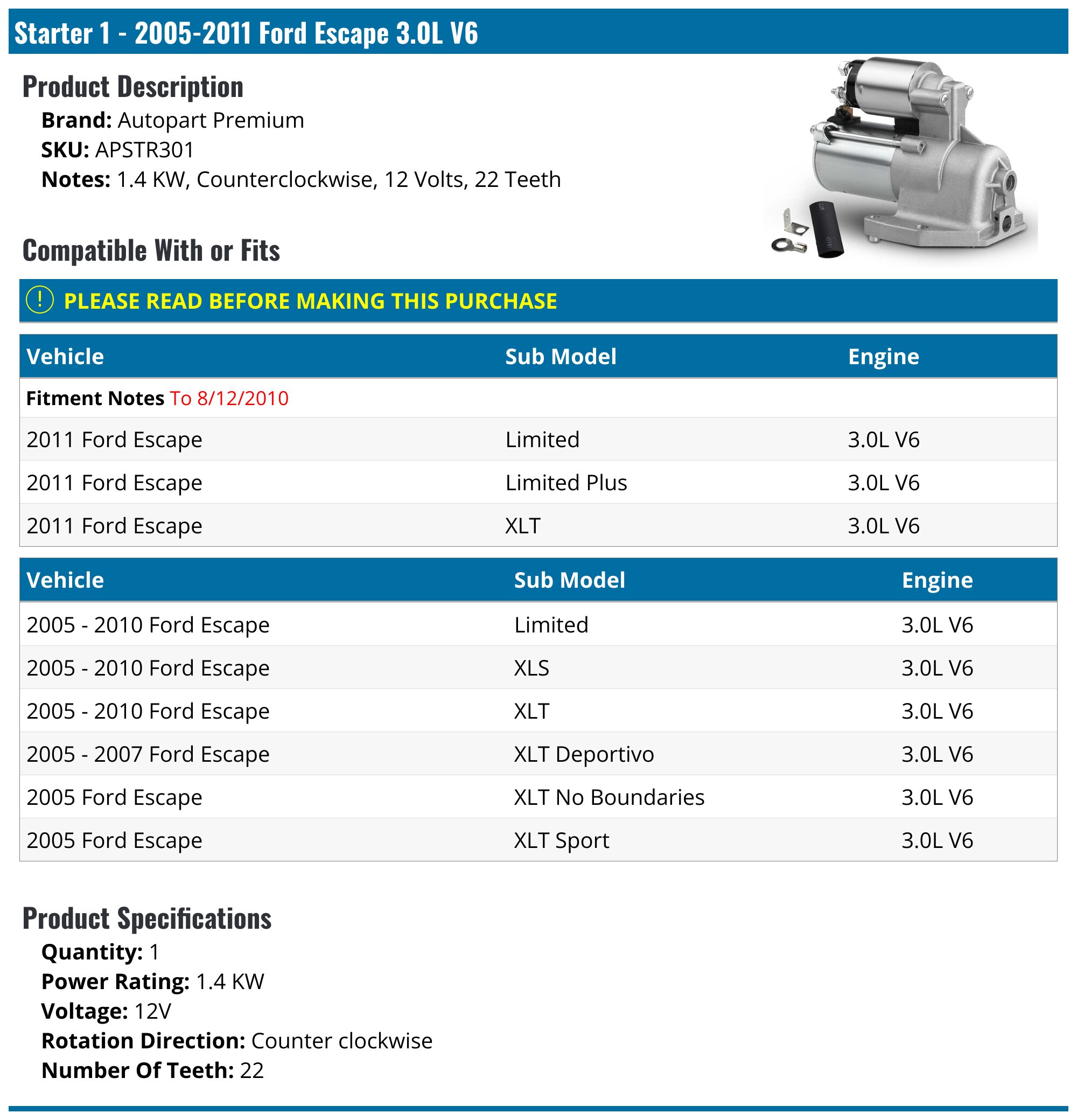2005-2011 Ford Escape Starter - Autopart Premium APSTR301 - PartsGeek.com