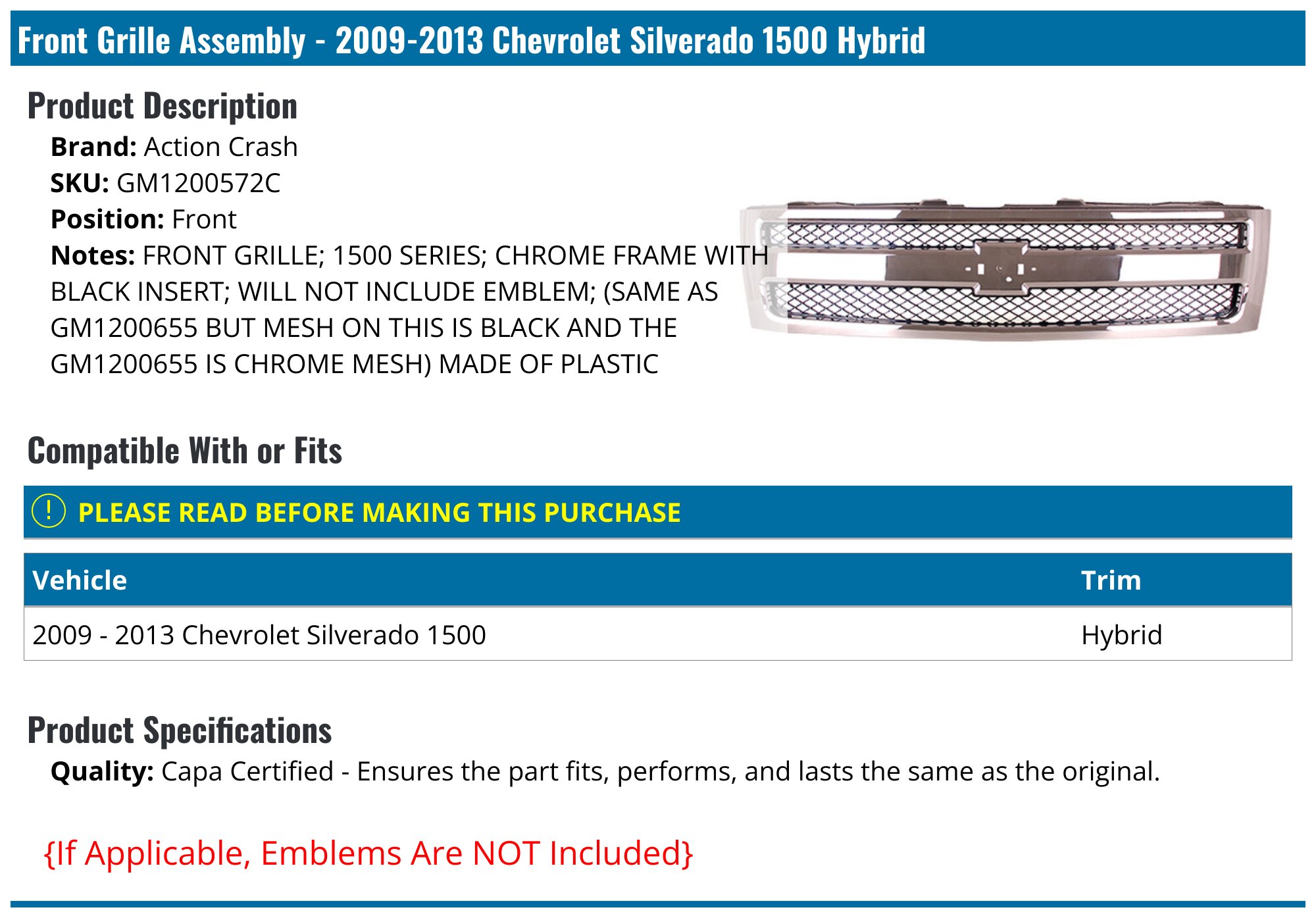 2009-2013 Chevrolet Silverado 1500 Grille Assembly - Action Crash ...