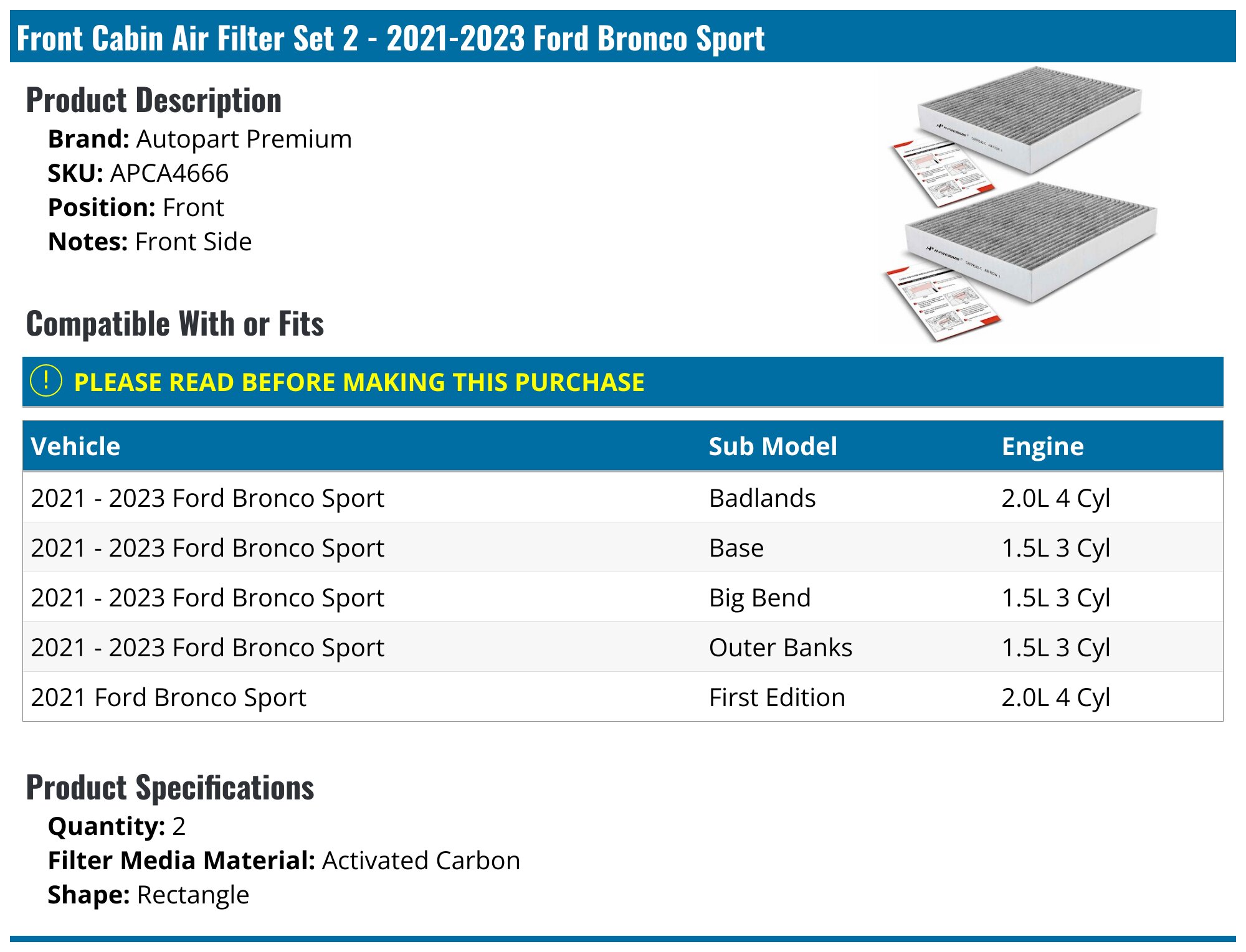 2021-2023 Ford Bronco Sport Cabin Air Filter - Autopart Premium ...