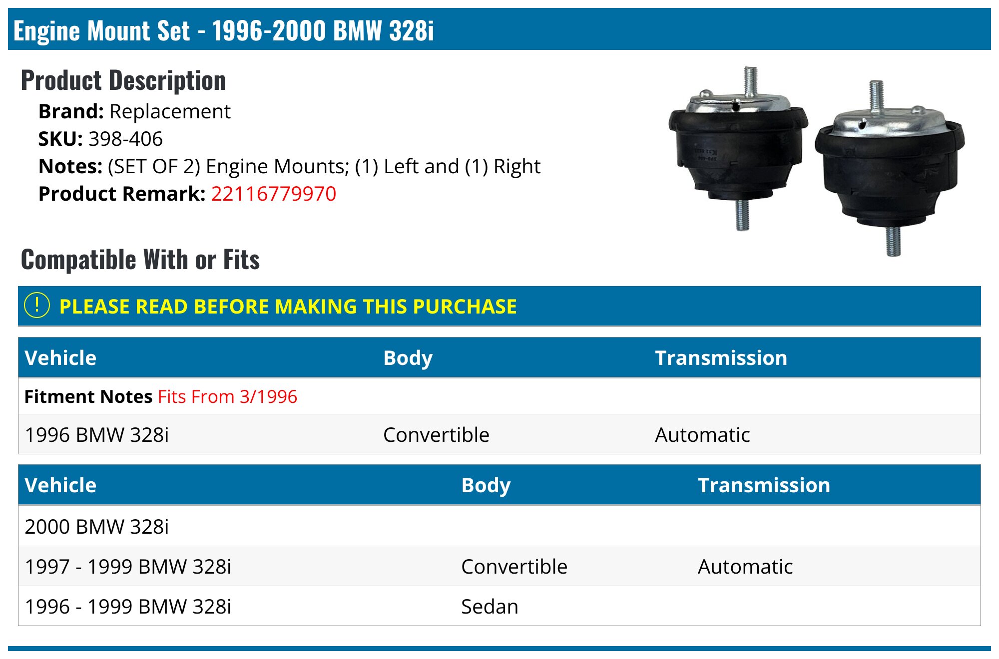 1996-2000 BMW 328i Engine Mount - Replacement 398-406 - PartsGeek.com