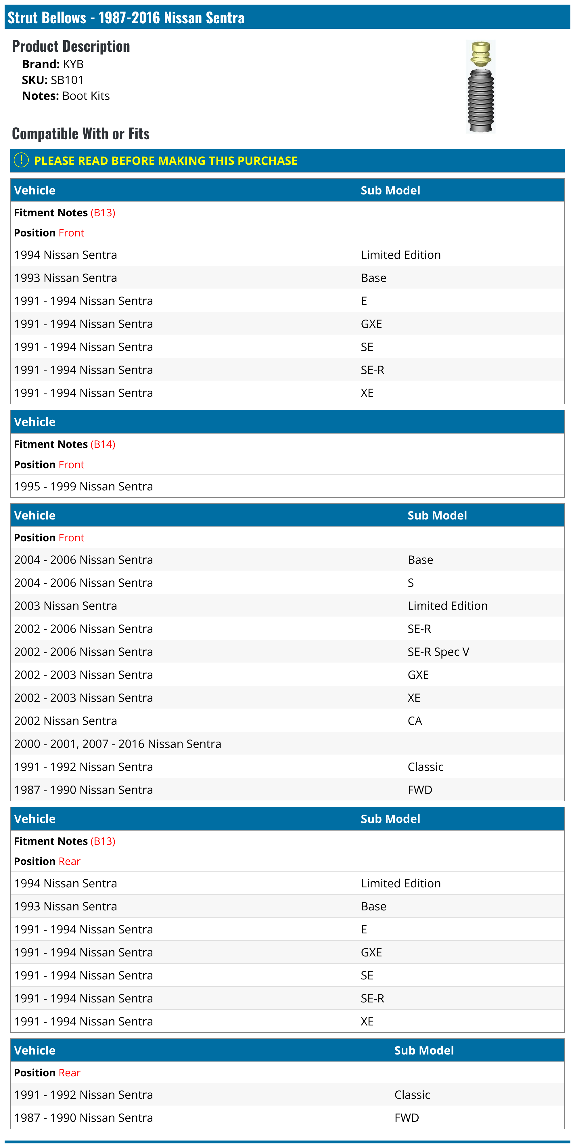 1987-2016 Nissan Sentra Strut Bellows - KYB SB101 - Front - PartsGeek.com