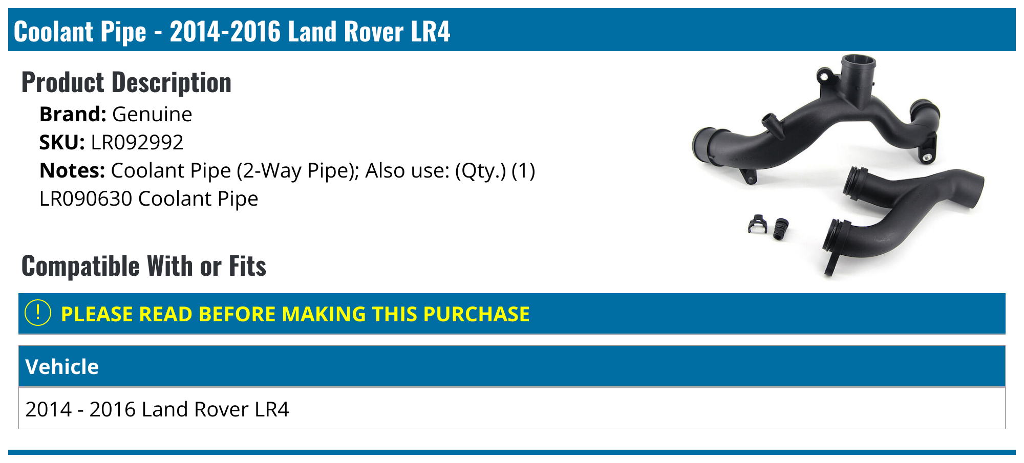 2014-2016 Land Rover LR4 Coolant Pipe - Genuine LR092992 - - PartsGeek.com
