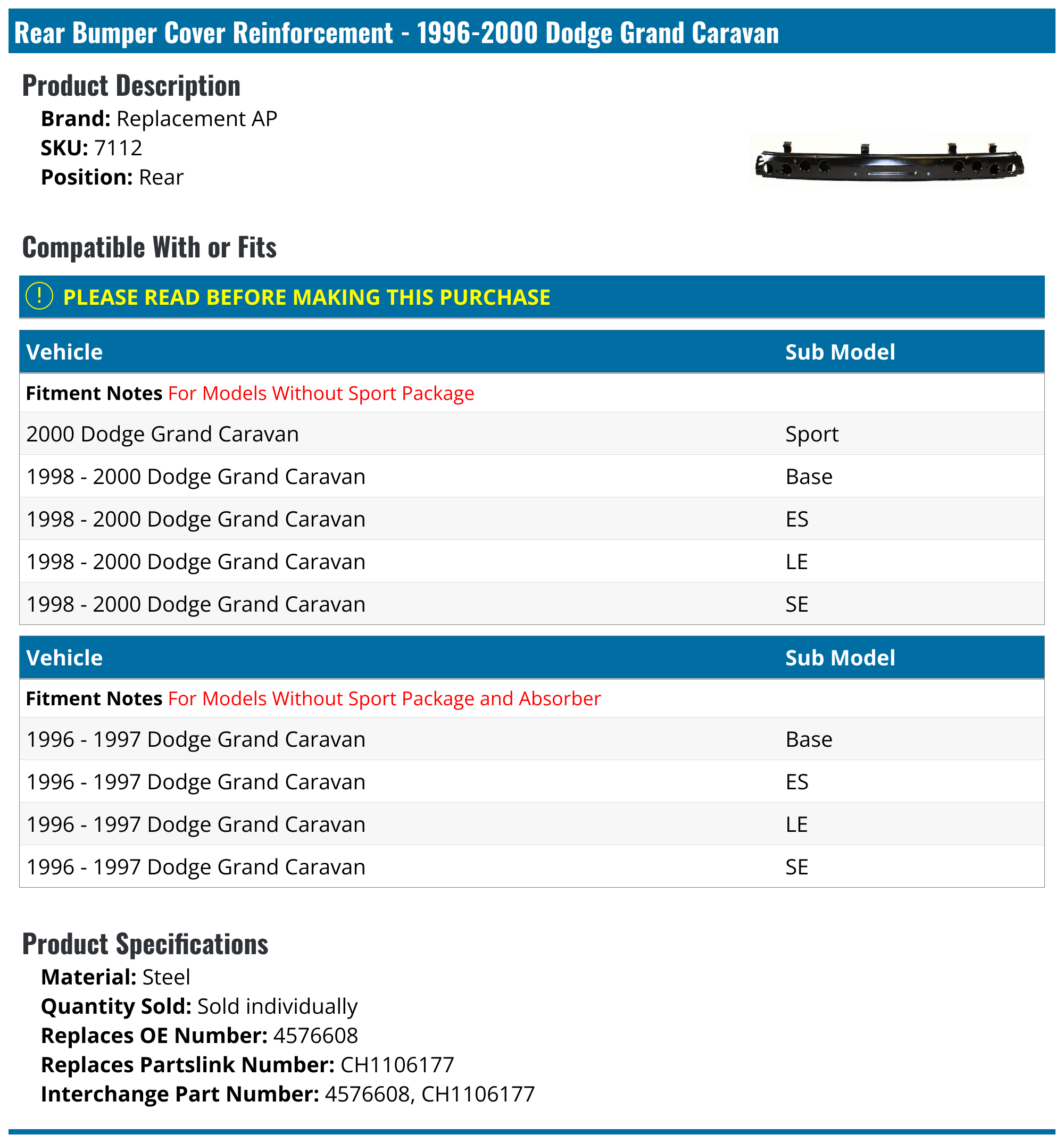 1996-2000 Dodge Grand Caravan Bumper Reinforcement - Replacement AP ...