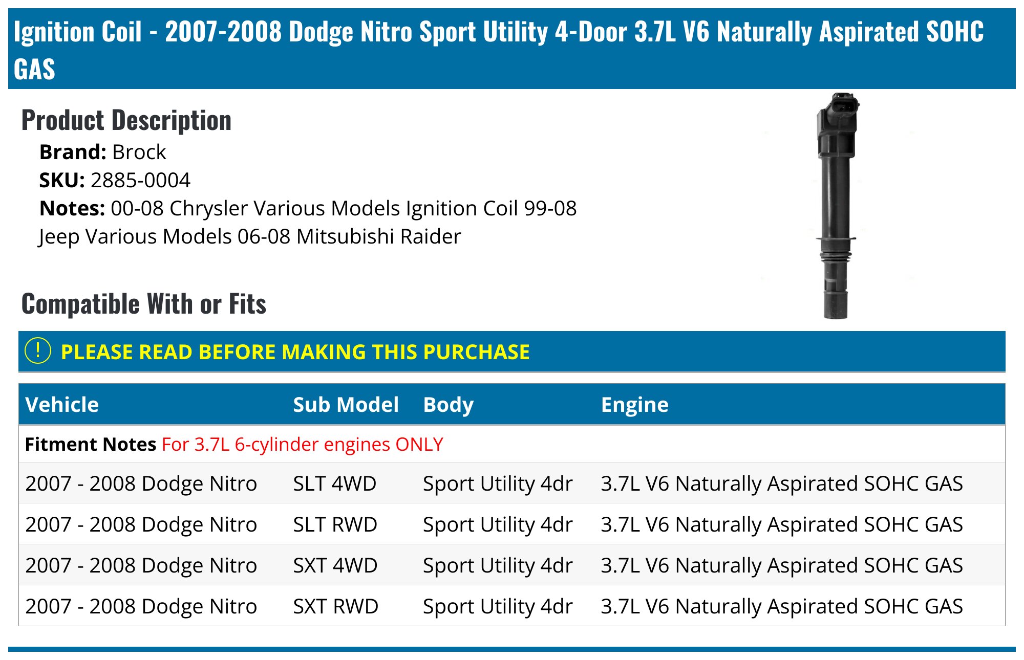 2007-2008 Dodge Nitro Ignition Coil - Brock 2885-0004 - PartsGeek.com