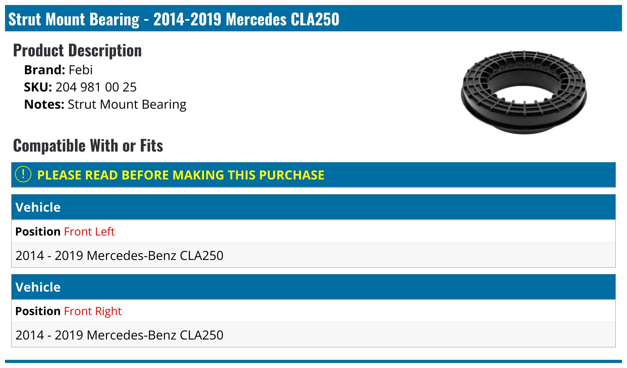 2014-2019 Mercedes CLA250 Strut Mount Bearing - Febi 204 981 00 25 ...