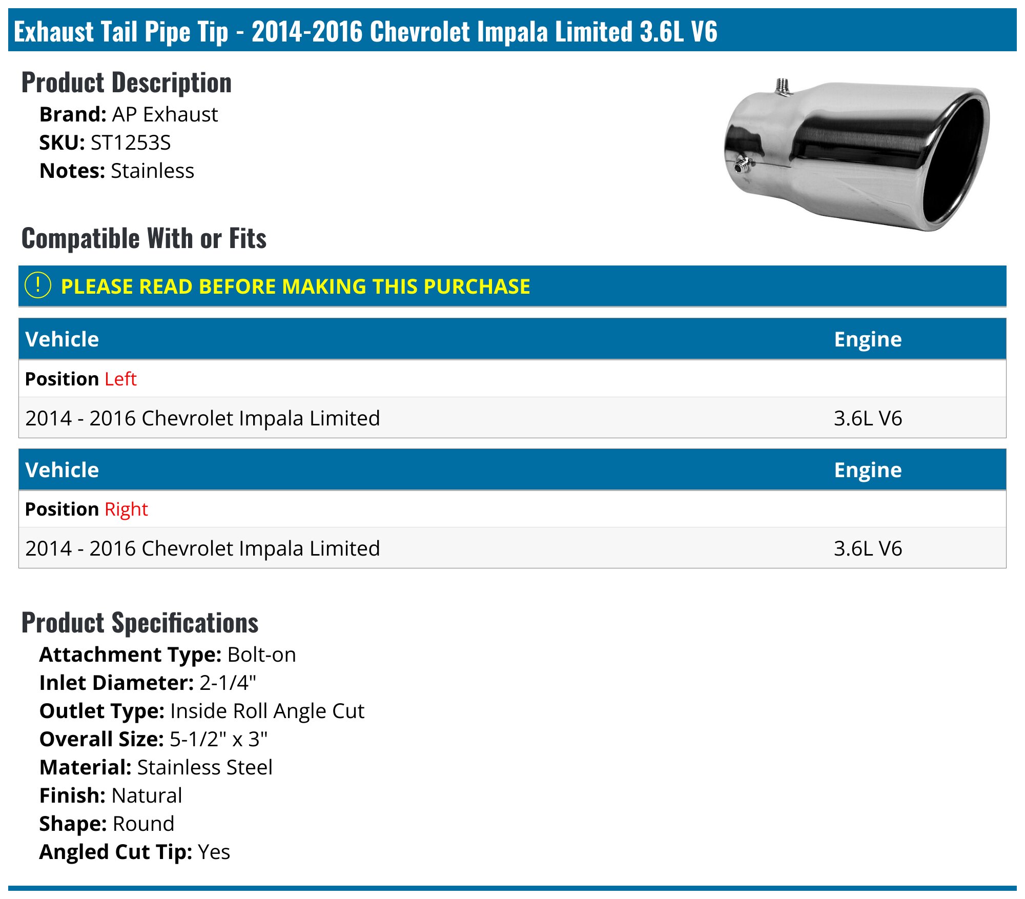 2014-2016 Chevrolet Impala Limited Exhaust Tail Pipe Set - AP Exhaust ...