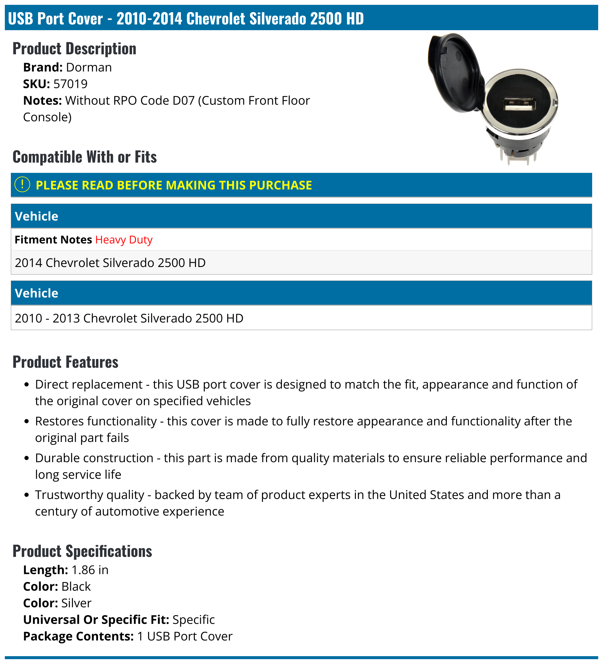 2010-2014 Chevrolet Silverado 2500 HD USB Port Cover - Dorman 57019 ...