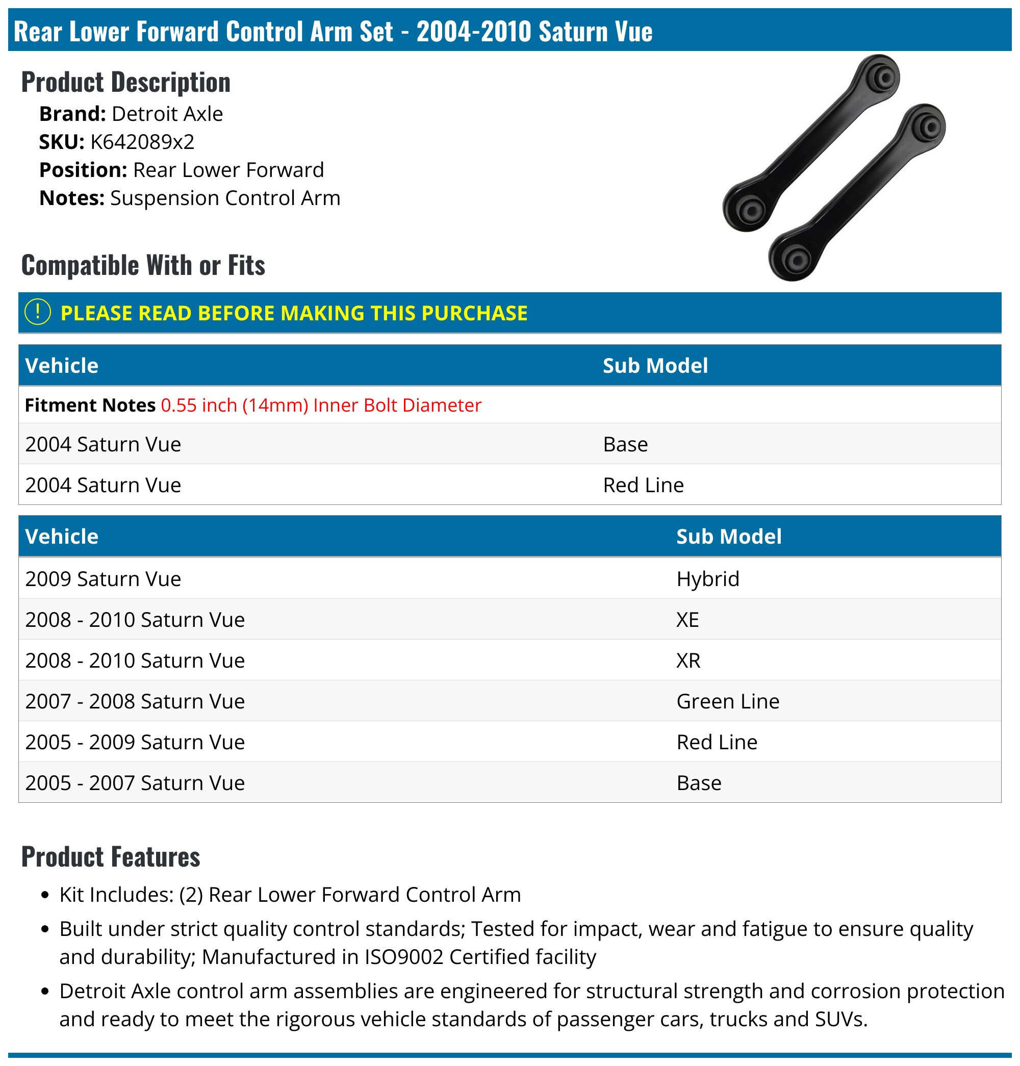 2004-2010 Saturn Vue Control Arm - Detroit Axle K642089x2 - Rear Lower ...