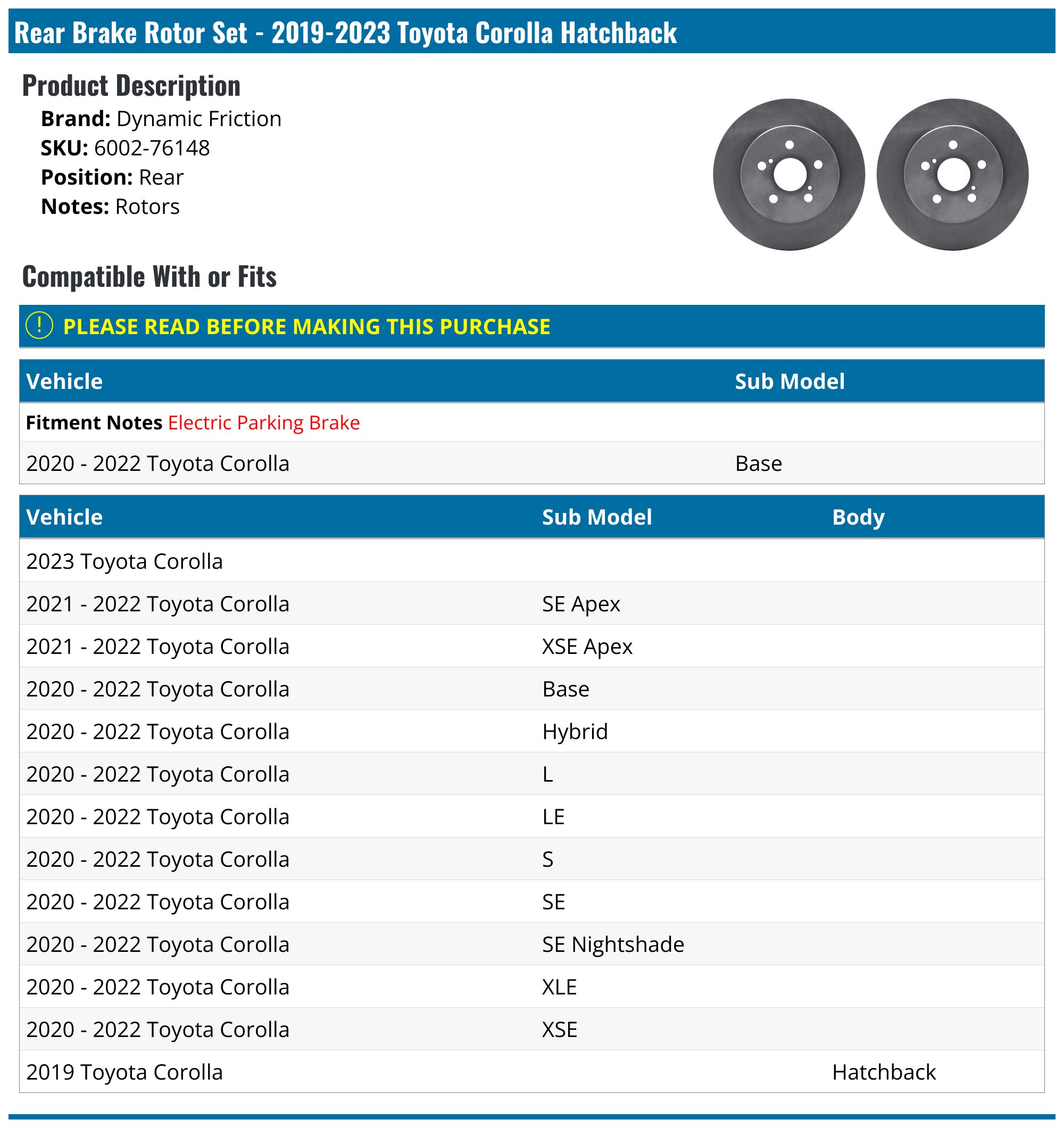 2019-2025 Toyota Corolla Brake Rotor - Dynamic Friction 6002-76148 ...