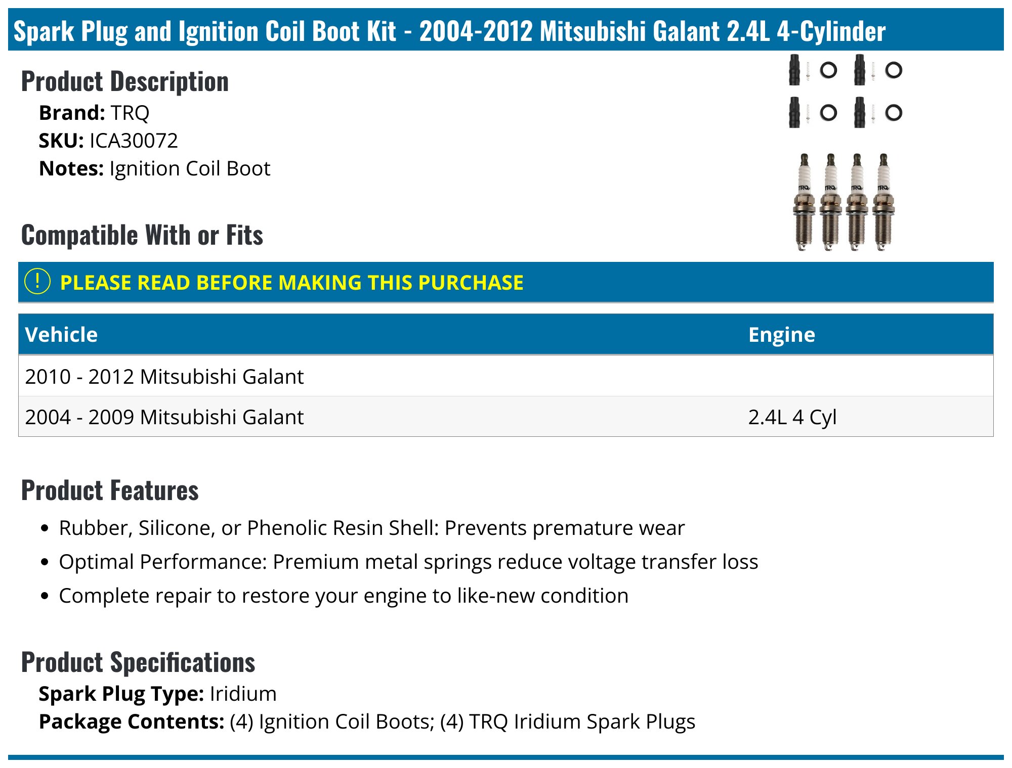 2004-2012 Mitsubishi Galant Spark Plug and Ignition Coil Boot Kit - TRQ ...