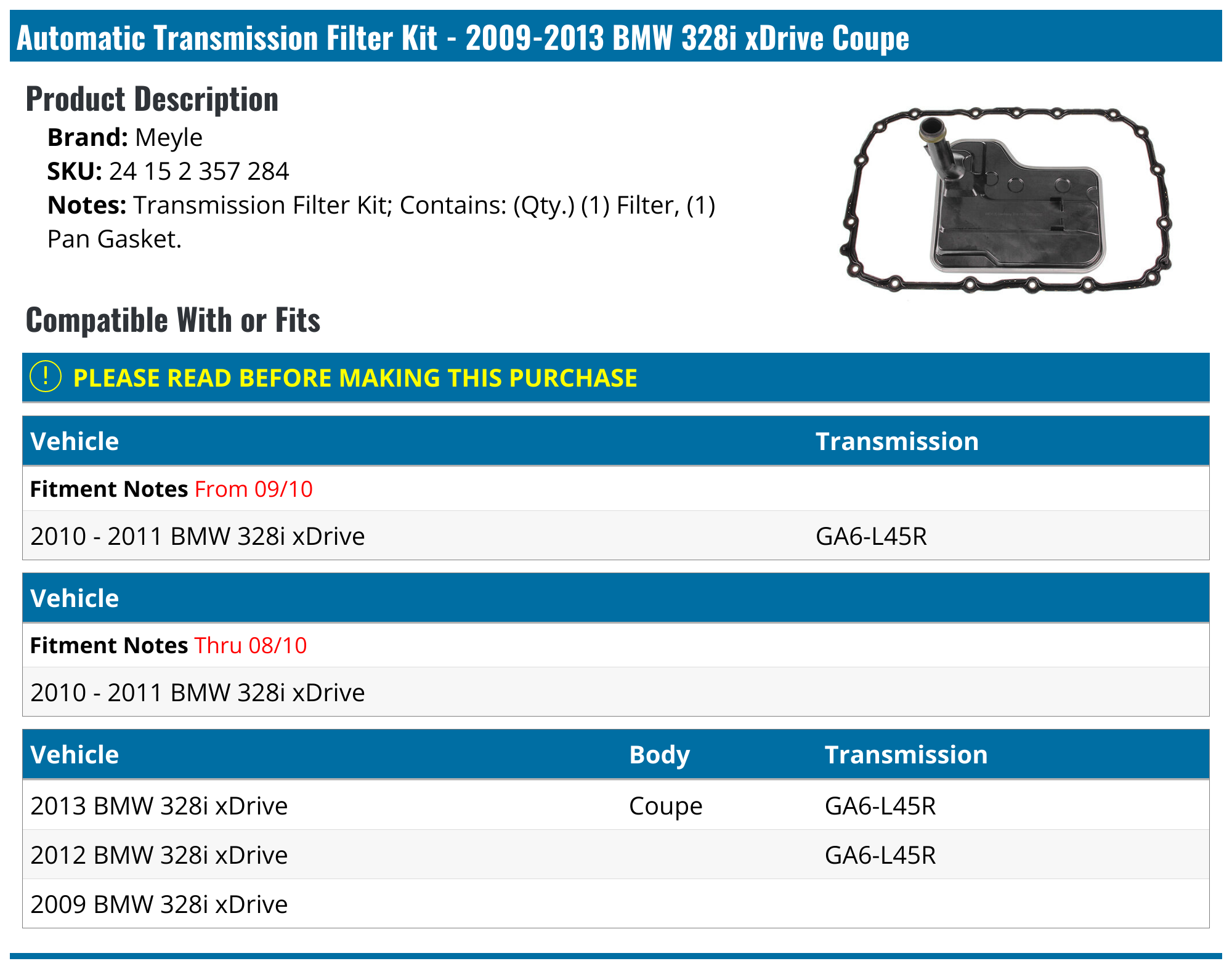 2009-2013 BMW 328i xDrive Automatic Transmission Filter - Meyle 24 15 2 ...