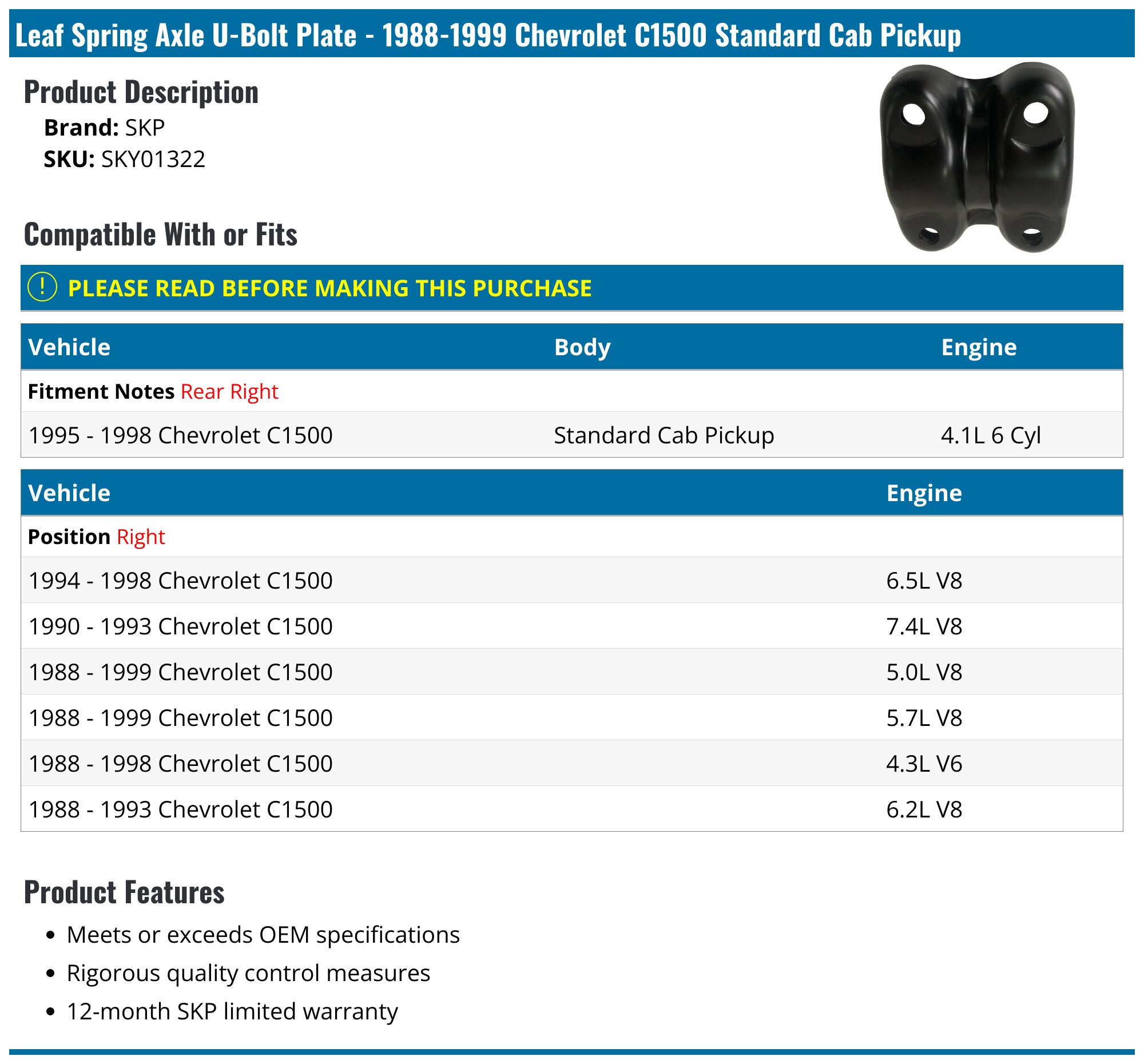 1988-1999 Chevrolet C1500 Leaf Spring Axle U-Bolt Plate - SKP SKY01322 ...