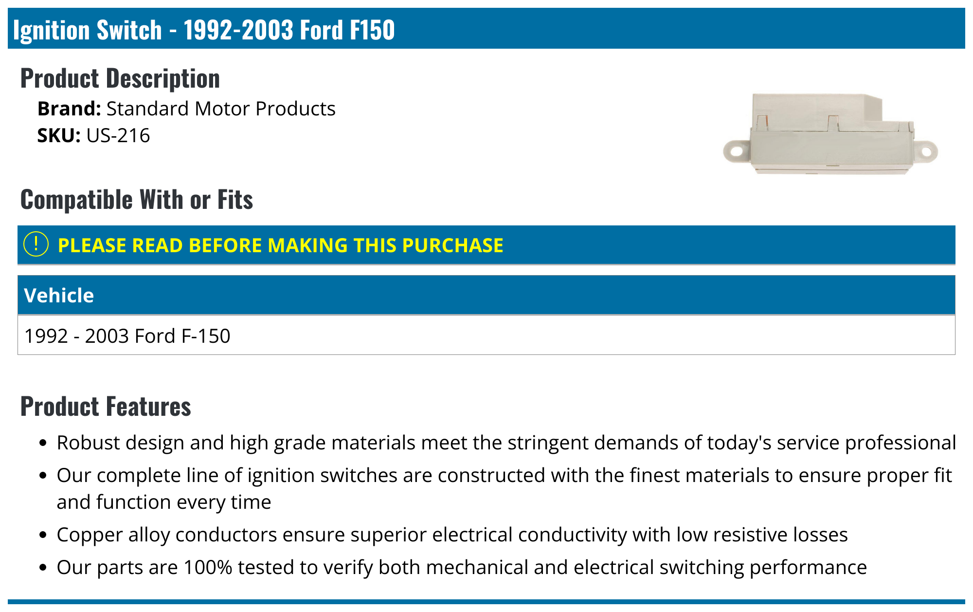 1992-2003 Ford F150 Ignition Switch - Standard Motor Products US-216 ...