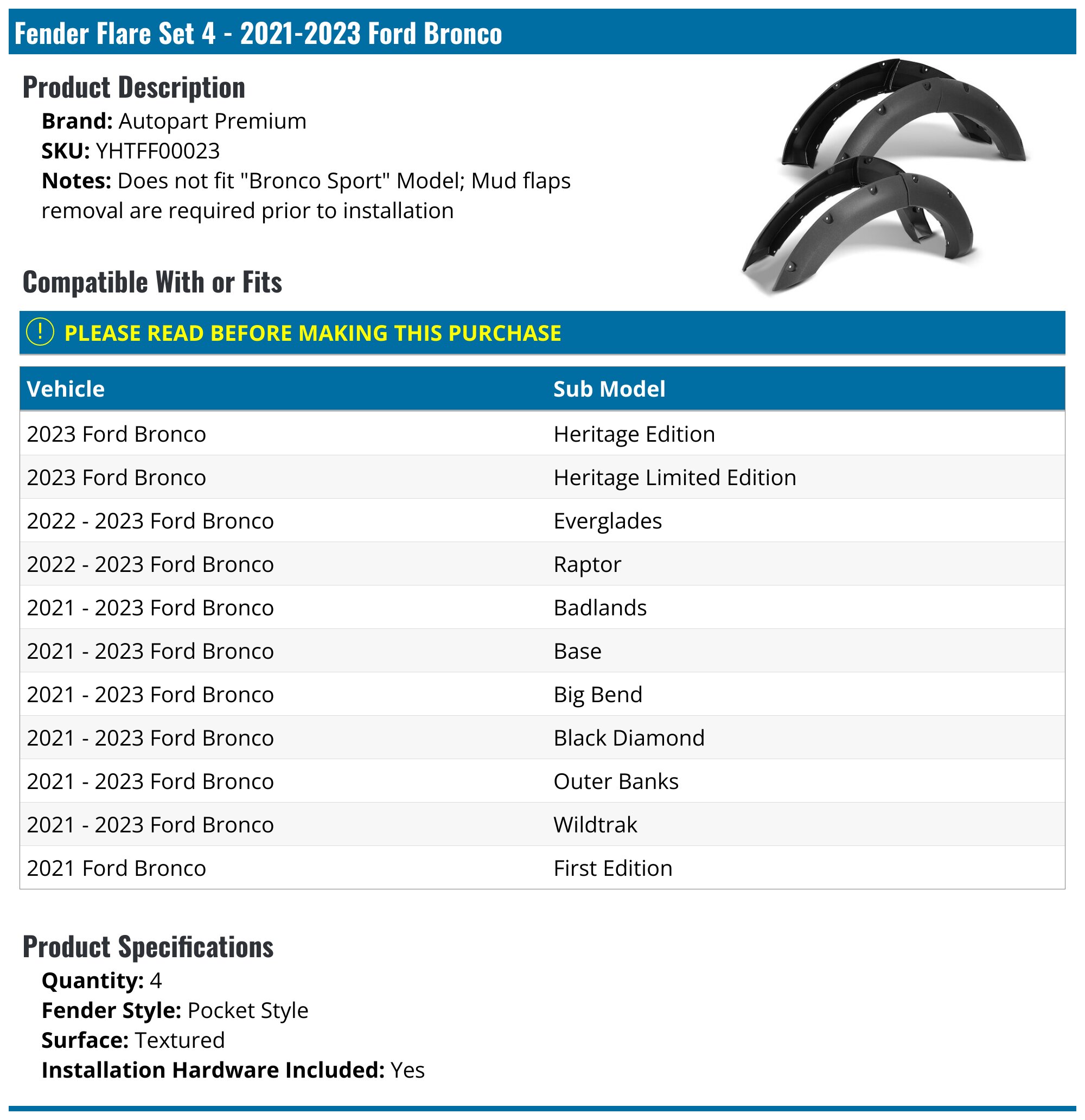 2021-2023 Ford Bronco Fender Flare - Autopart Premium YHTFF00023 ...