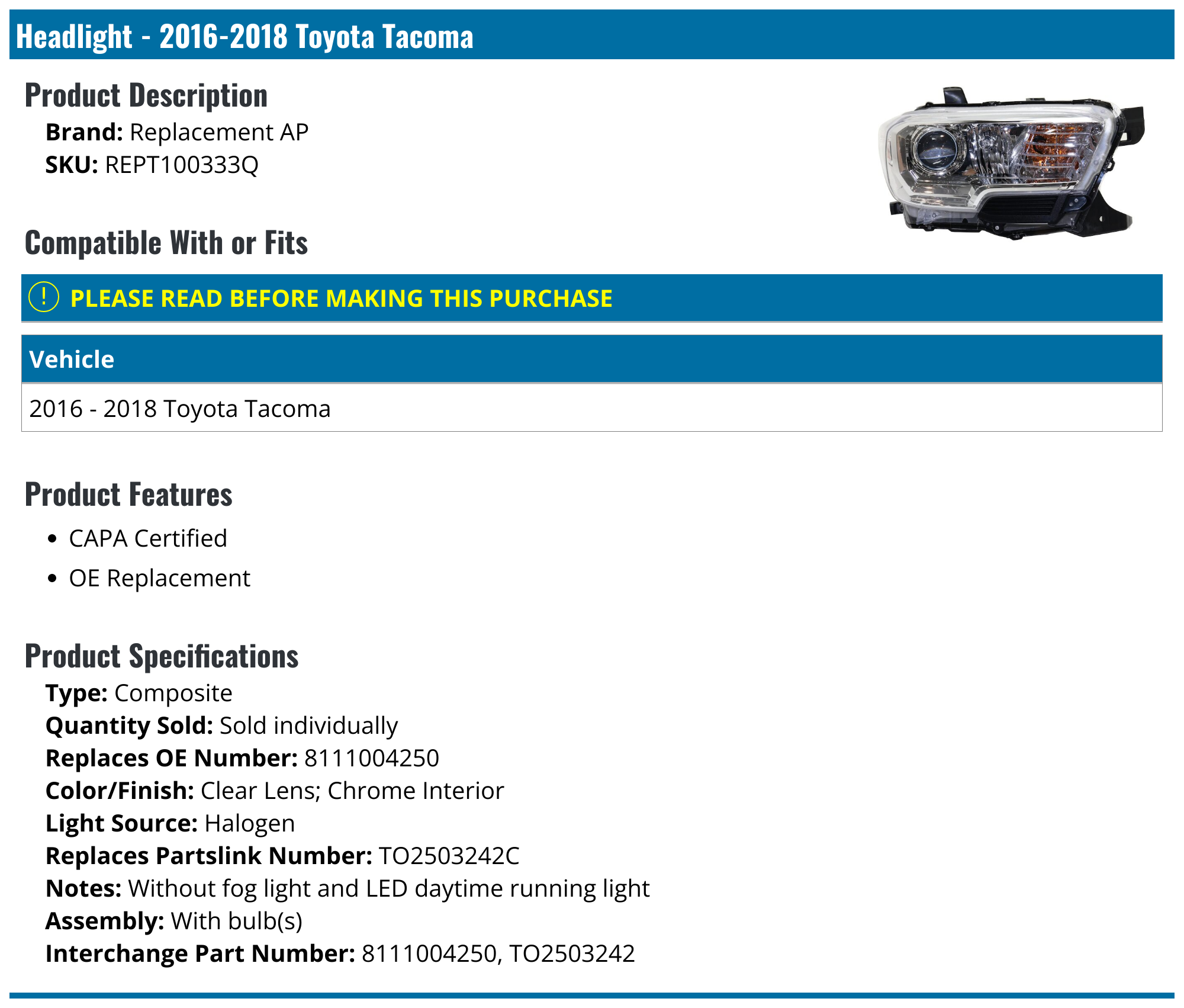 2016-2018 Toyota Tacoma Headlight Assembly - Replacement AP REPT100333Q ...