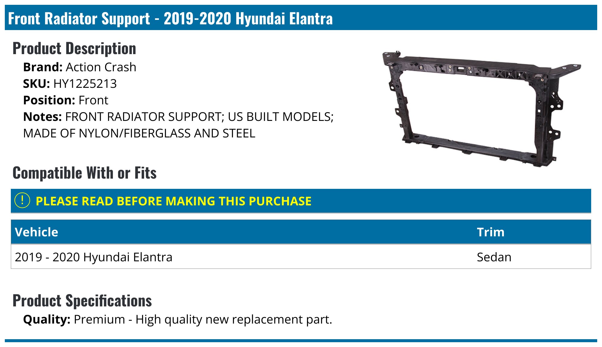 2019-2020 Hyundai Elantra Radiator Support - Action Crash HY1225213 ...
