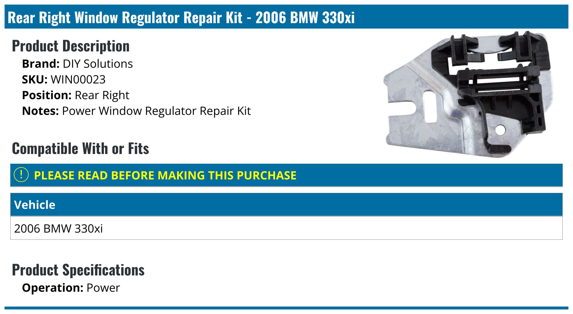 2006 BMW 330xi Window Regulator Repair Kit - DIY Solutions WIN00023 ...