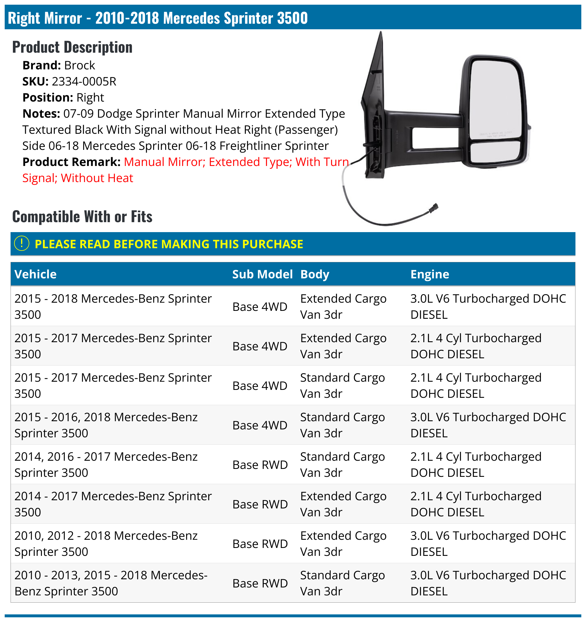 2010-2018 Mercedes Sprinter 3500 Mirror - Brock 2334-0005R - Right ...