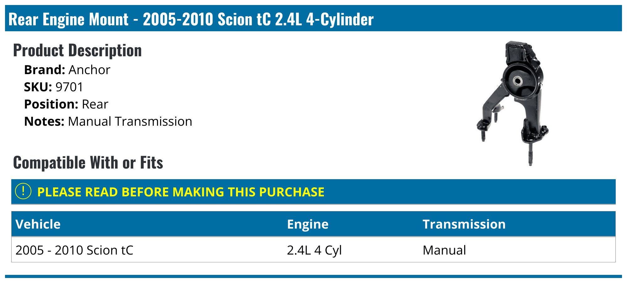2005-2010 Scion tC Engine Mount - Anchor 9701 - Rear - PartsGeek.com