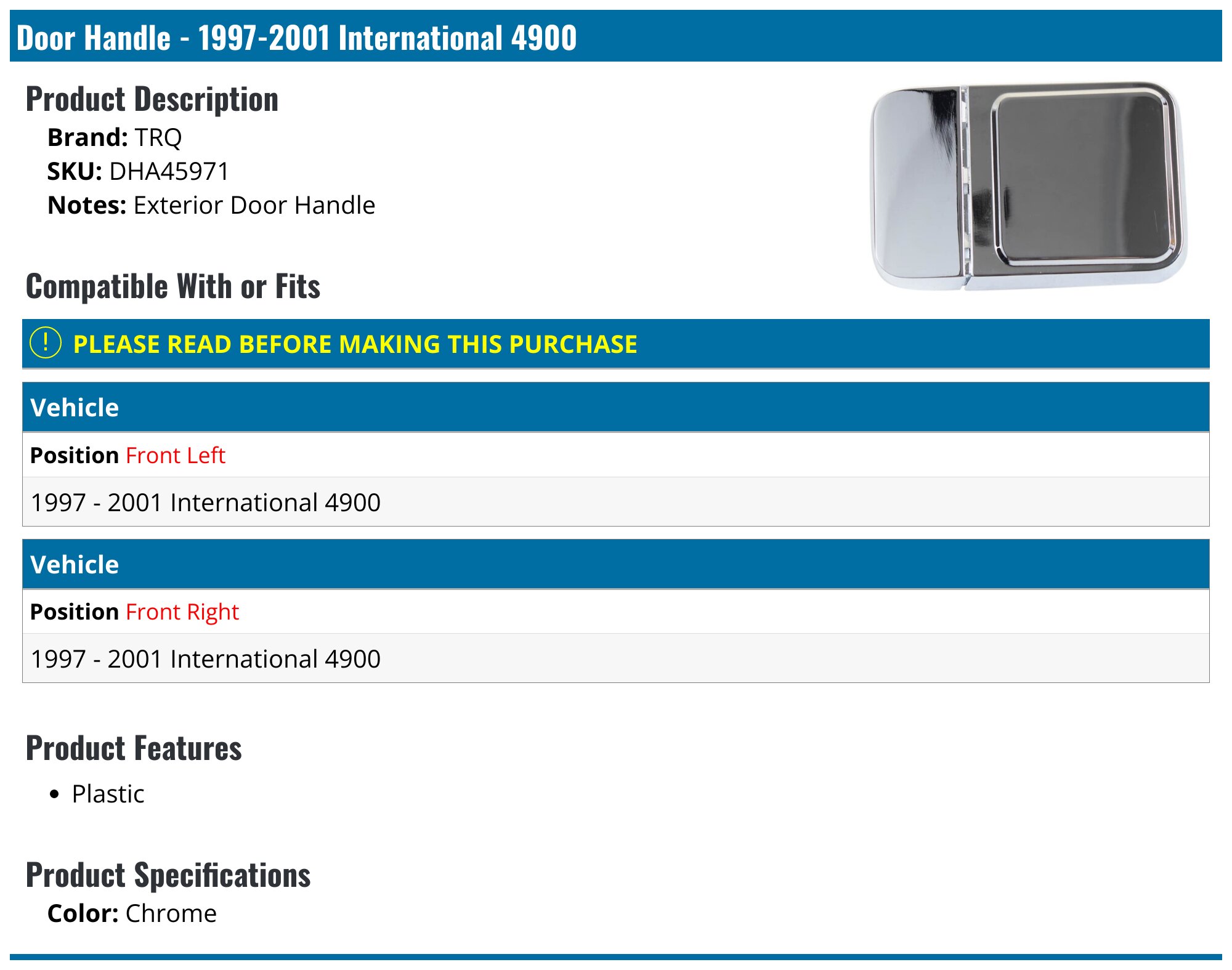 1997-2001 International 4900 Door Handle - TRQ DHA45971 - Front Left ...