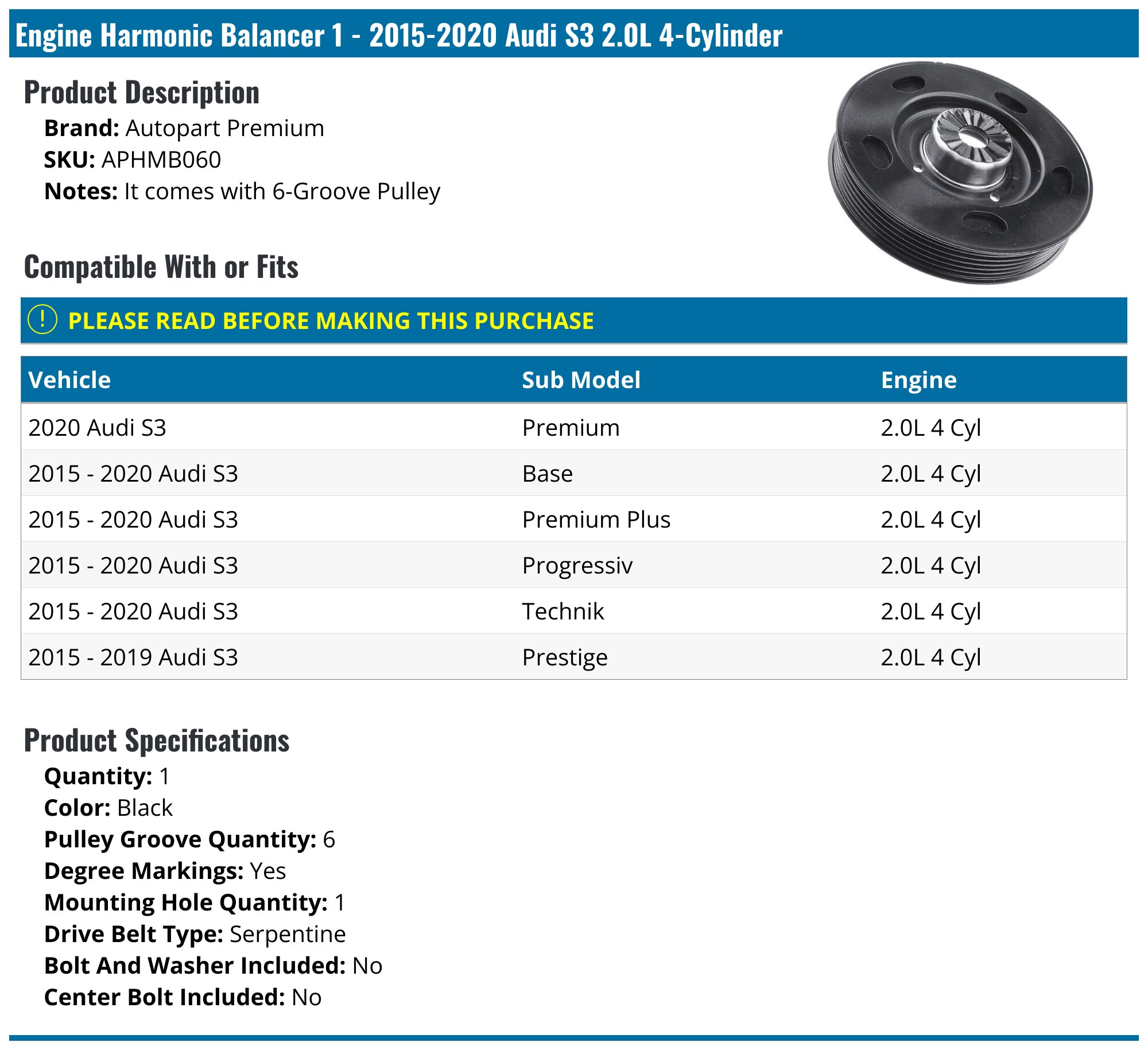 2015-2020 Audi S3 Engine Harmonic Balancer - Autopart Premium APHMB060 ...