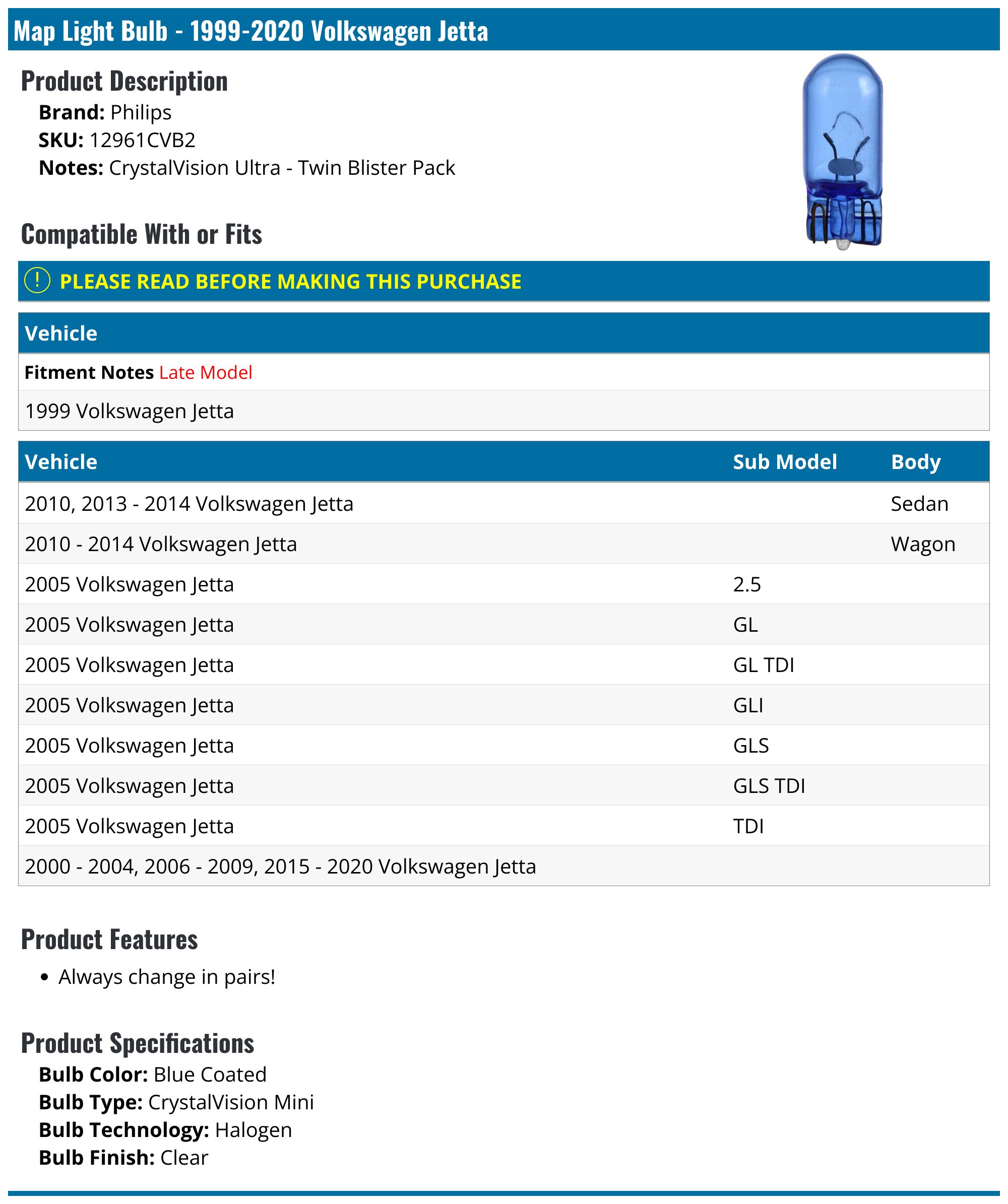 1999-2020 Volkswagen Jetta Map Light Bulb - Philips 12961CVB2 ...
