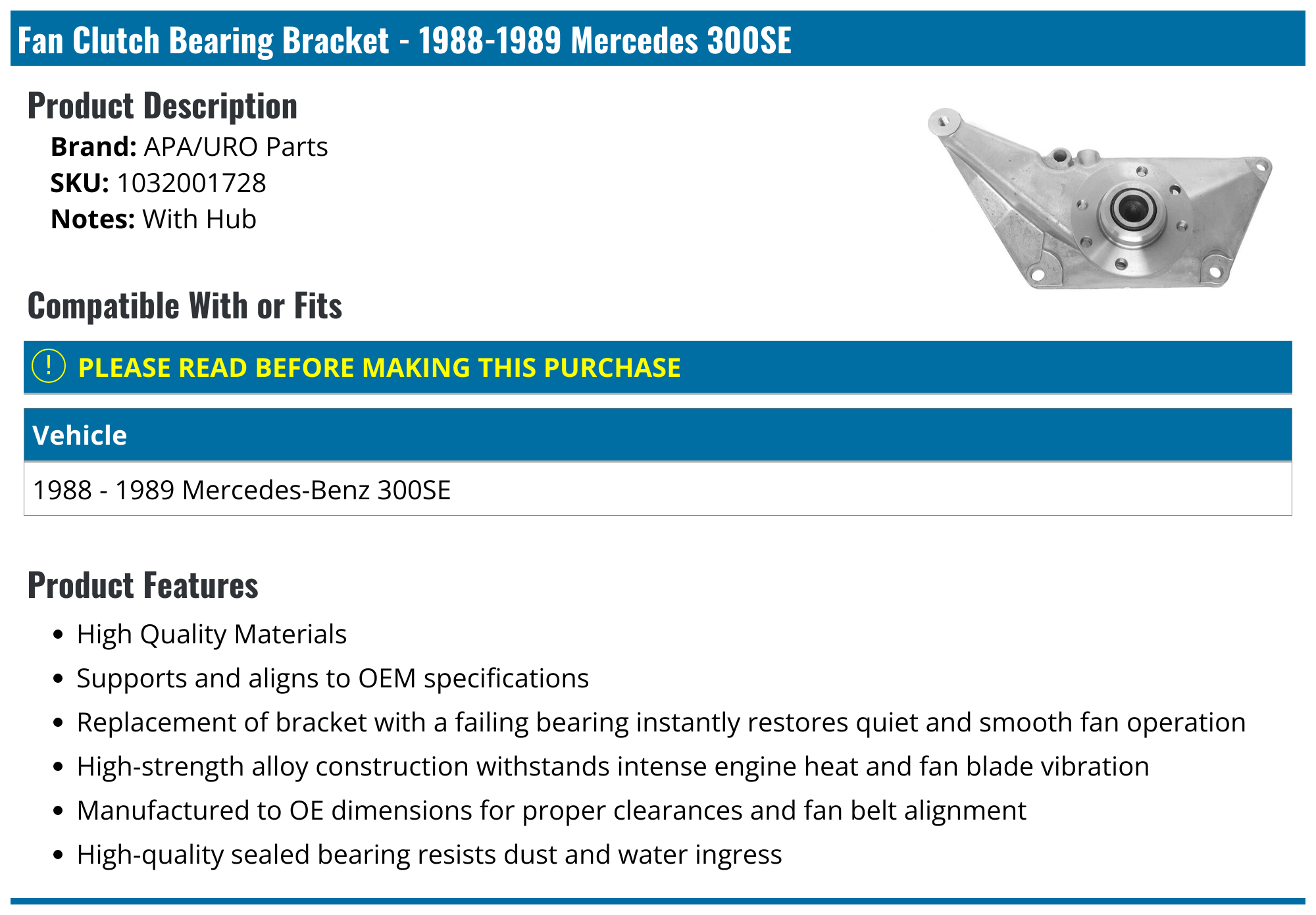 1988-1989 Mercedes 300SE Fan Clutch - APA/URO Parts 1032001728 ...
