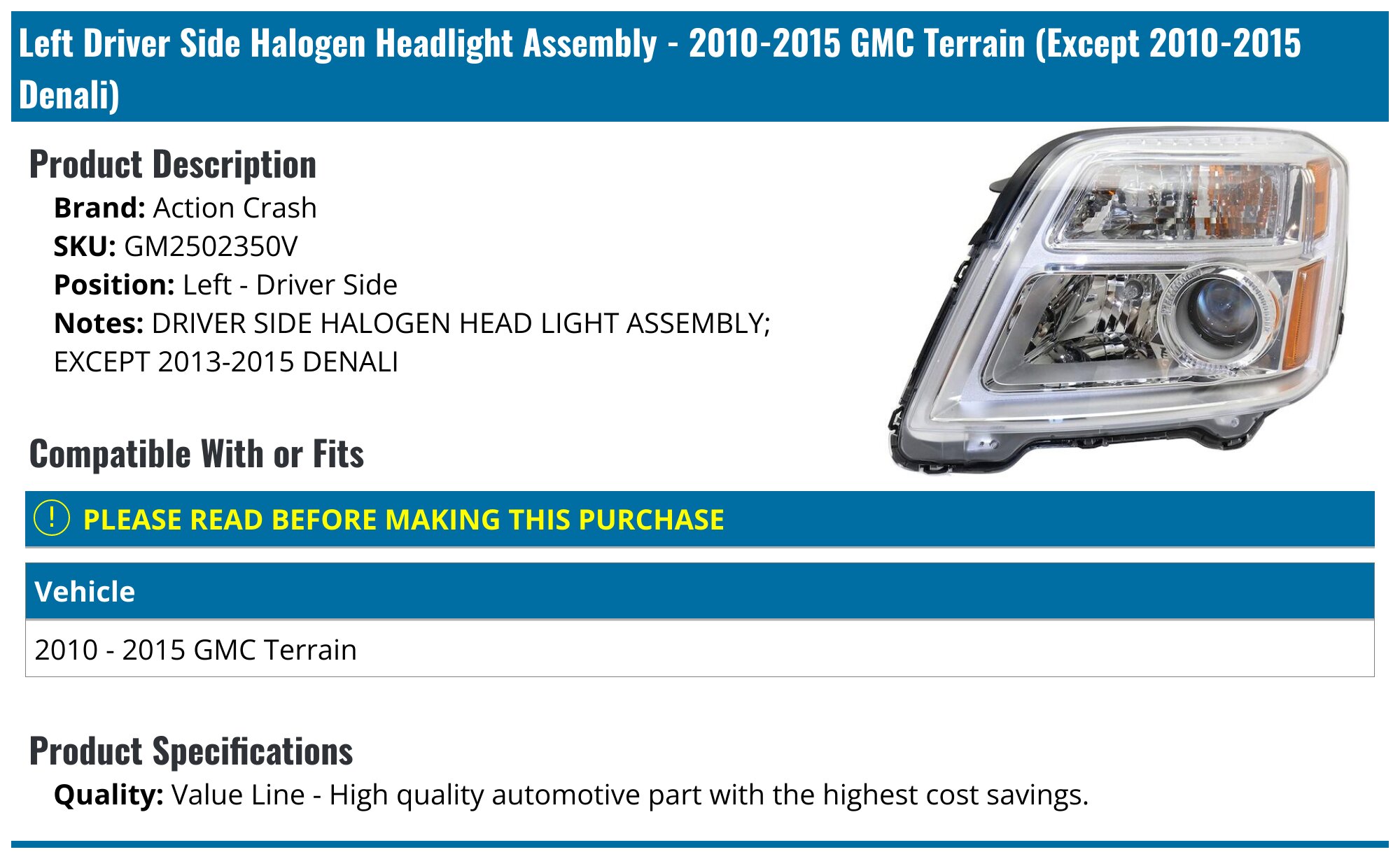 2010-2015 GMC Terrain Headlight Assembly - Action Crash GM2502350V ...