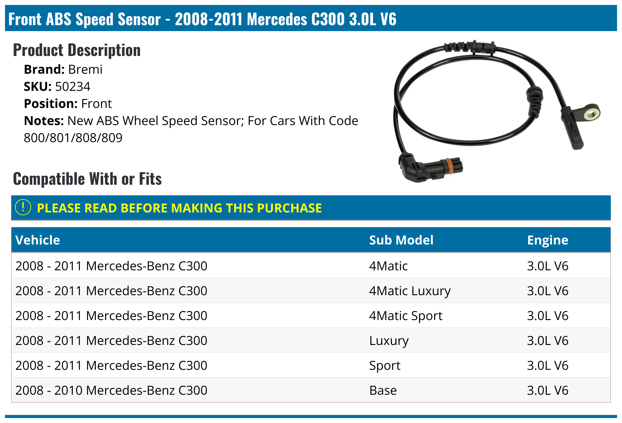 2008-2011 Mercedes C300 ABS Speed Sensor - Bremi 50234 - Front ...
