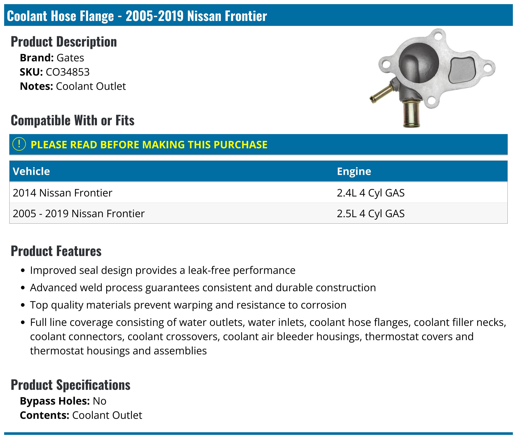 2005-2019 Nissan Frontier Coolant Hose Flange - Gates CO34853 ...