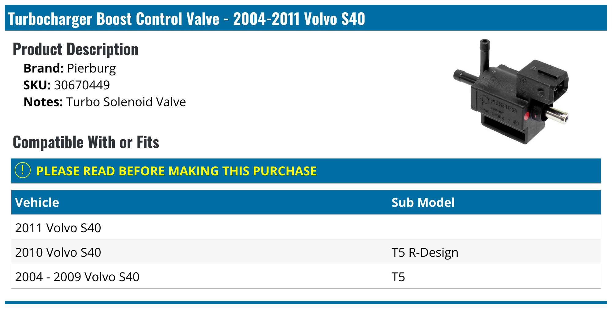 2004-2011 Volvo S40 Turbocharger Boost Control Valve - Pierburg ...