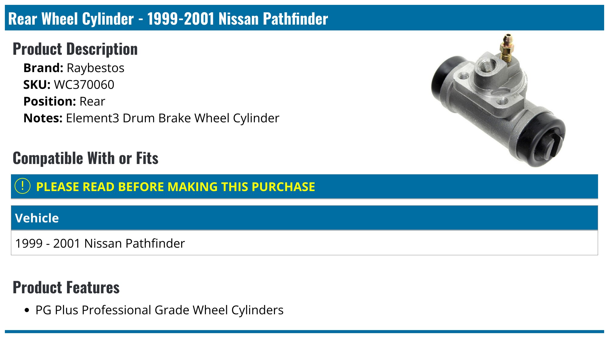 1999-2001 Nissan Pathfinder Wheel Cylinder - Raybestos WC370060 - Rear ...