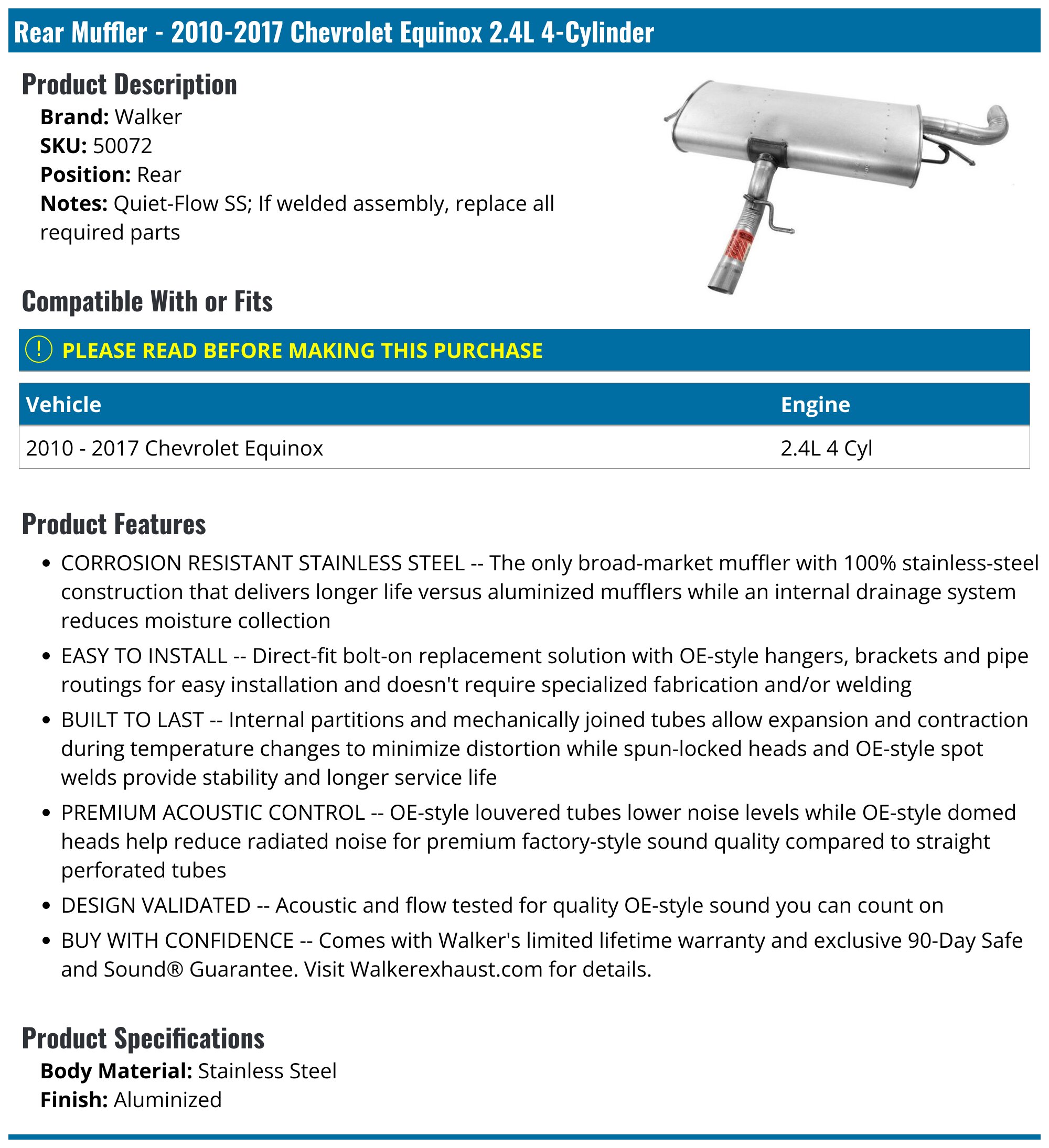 2010-2017 Chevrolet Equinox Muffler - Walker 50072 - Rear - PartsGeek.com