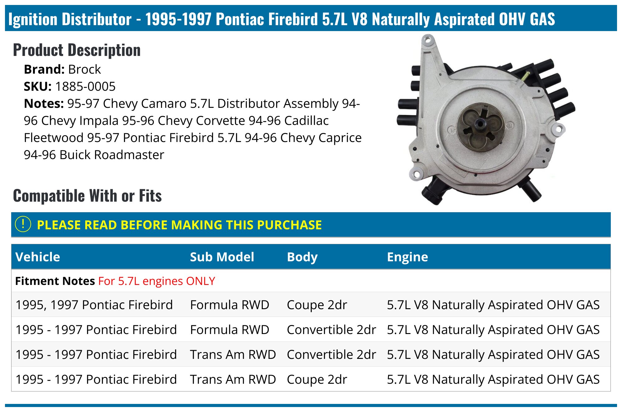 1995-1997 Pontiac Firebird Ignition Distributor - Brock 1885-0005 ...