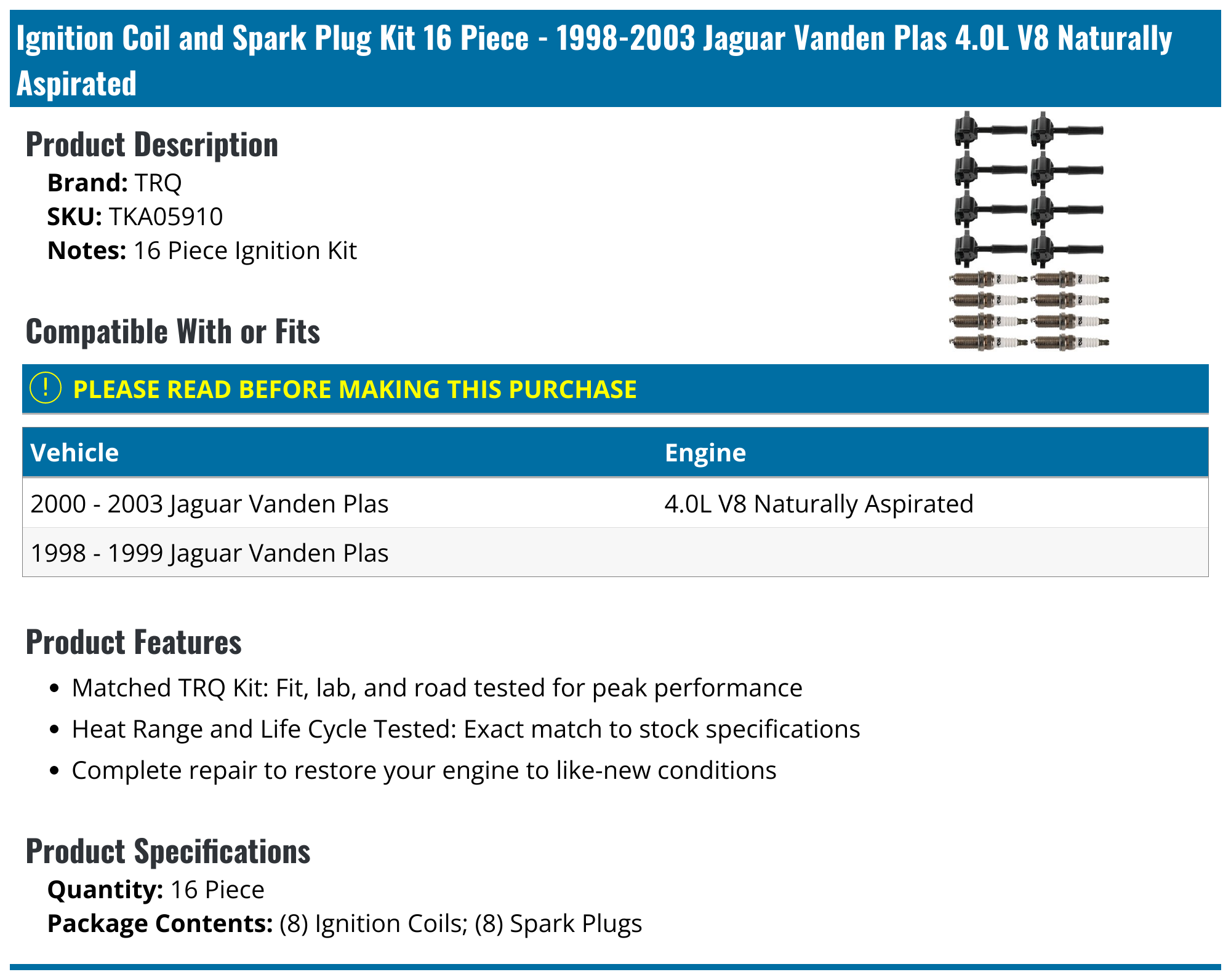 2000-2003 Jaguar Vanden Plas Ignition Coil - TRQ TKA05910 - PartsGeek.com