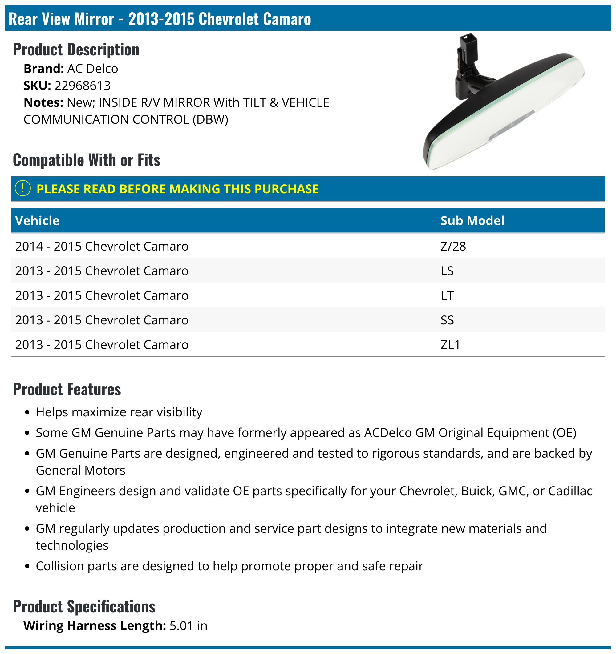 2013-2015 Chevrolet Camaro Rear View Mirror - AC Delco 22968613 ...
