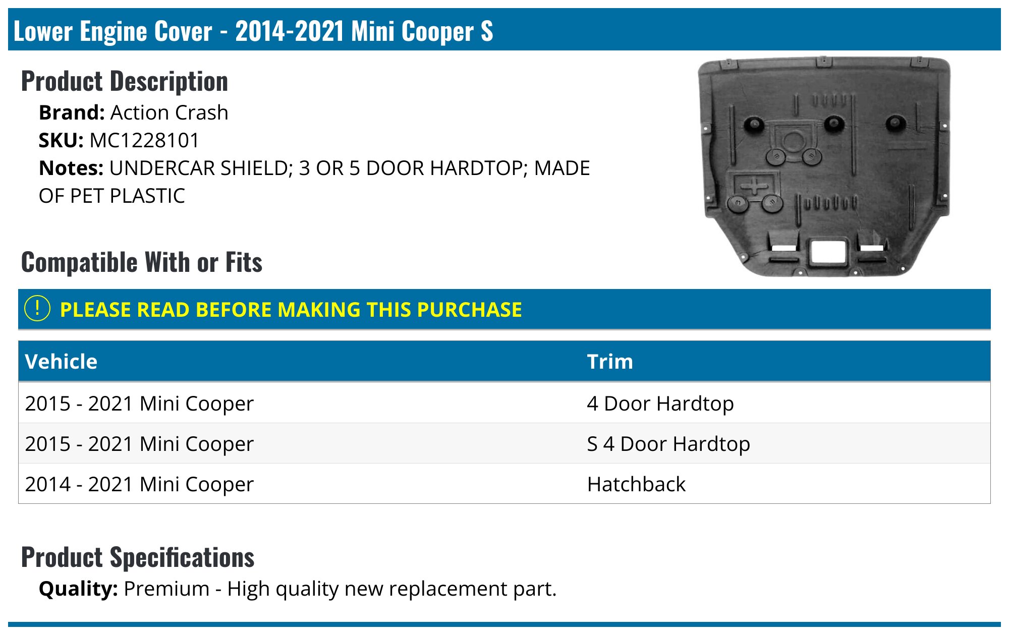 2014-2021 Mini Cooper Lower Engine Cover - Action Crash MC1228101 ...