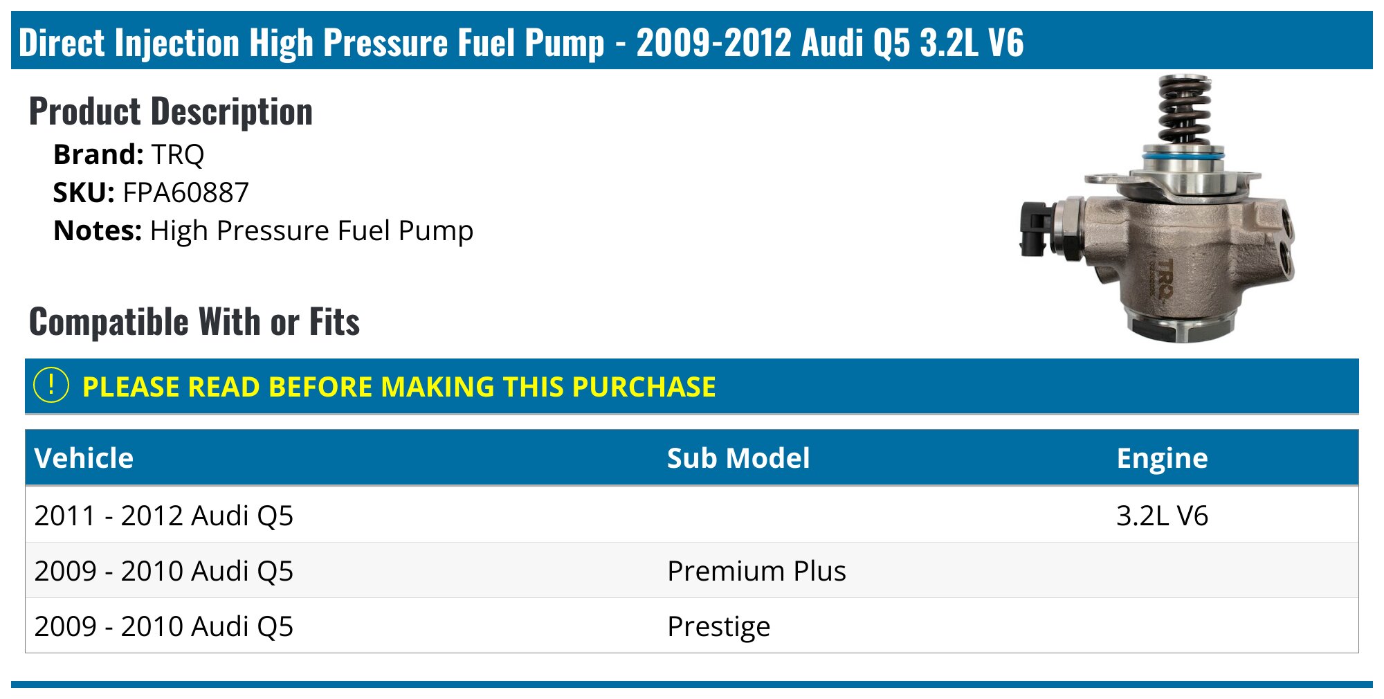 2009-2012 Audi Q5 Fuel Pump - TRQ FPA60887 - PartsGeek.com
