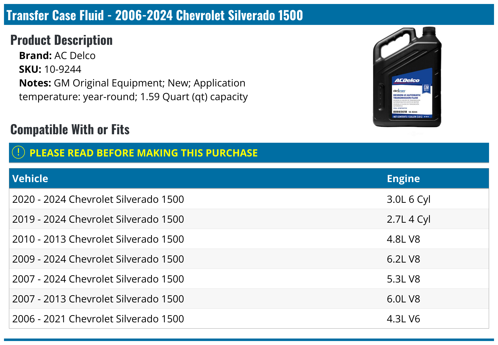 2006-2024 Chevrolet Silverado 1500 Transfer Case Fluid - AC Delco 10 ...