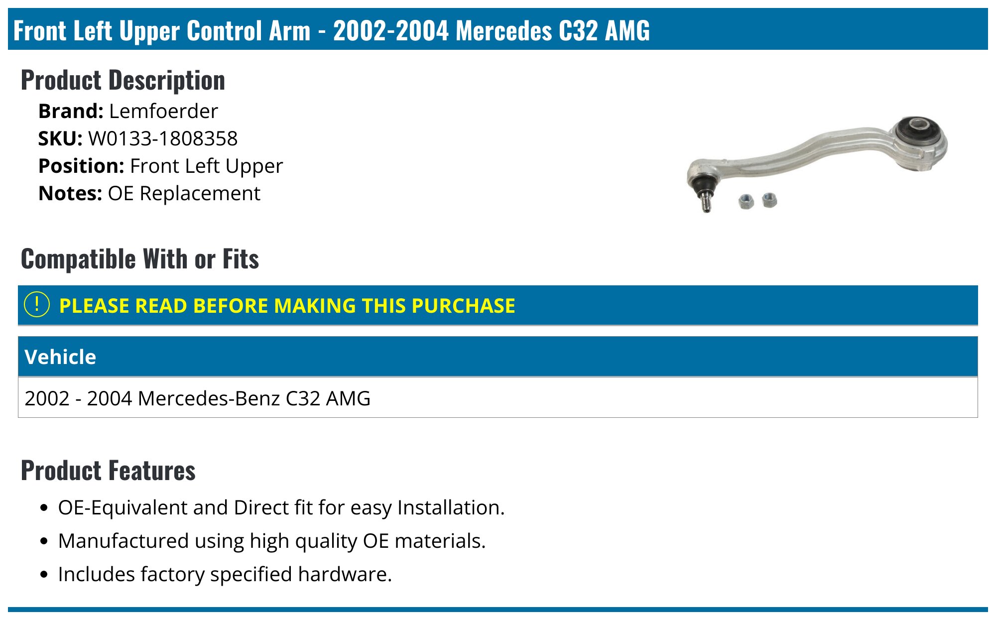 2002-2004 Mercedes C32 AMG Control Arm - Lemfoerder W0133-1808358 ...