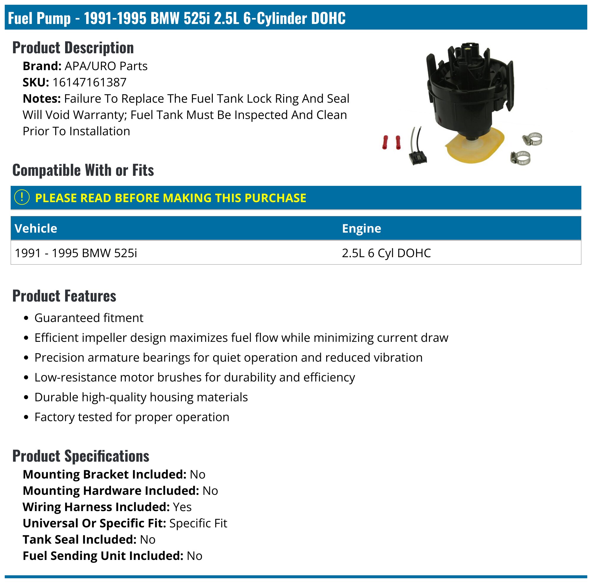 1991-1995 BMW 525i Fuel Pump - APA/URO Parts 16147161387 - PartsGeek.com
