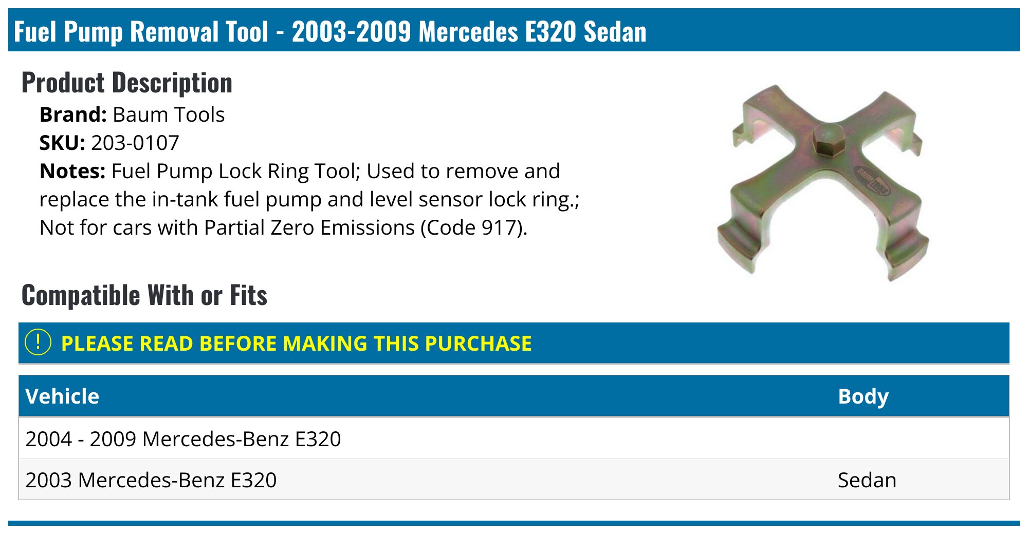 2003-2009 Mercedes E320 Fuel Pump Removal Tool - Baum Tools 203-0107 ...
